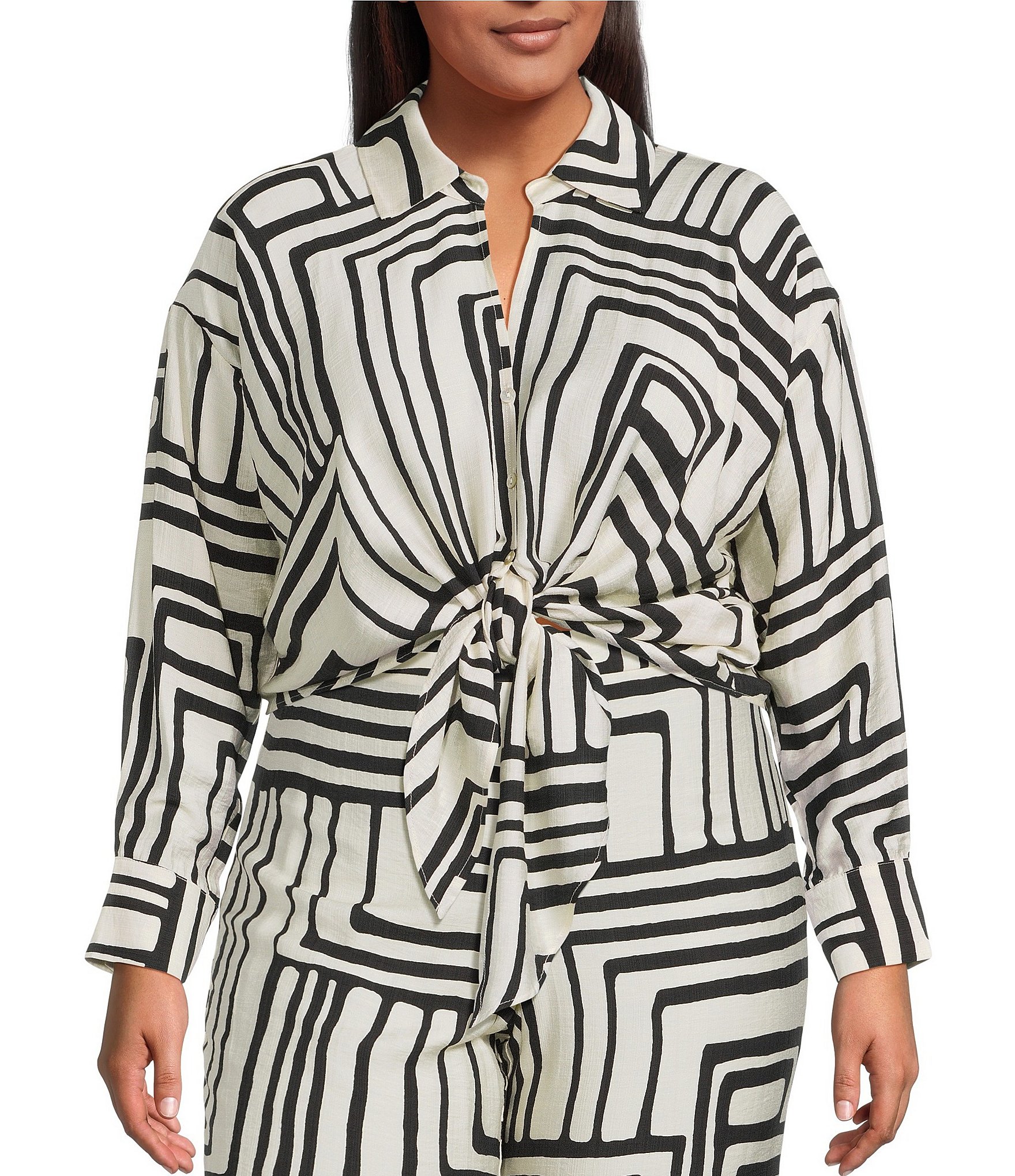 Lucy Paris Plus Rue Button Down Tie Front Printed Coordinating Blouse ...