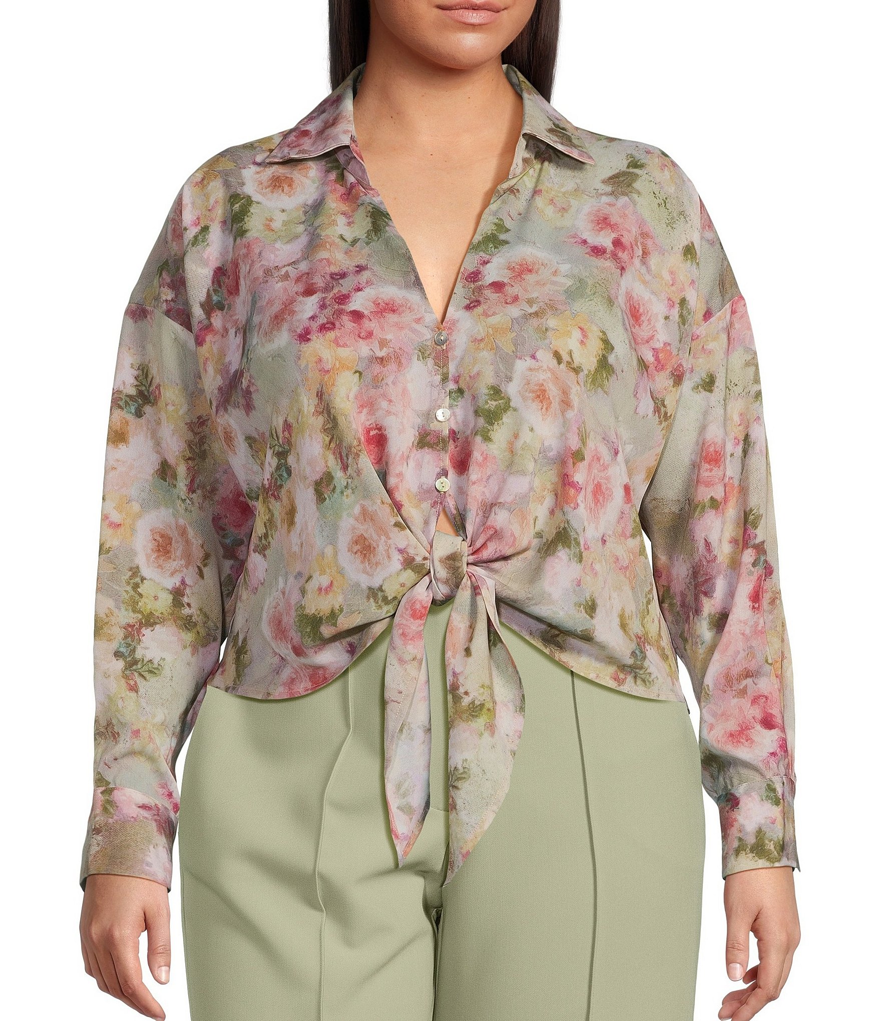 Lucy Paris Plus Rue Floral Printed Long Sleeve Tie Front Top | Dillard's