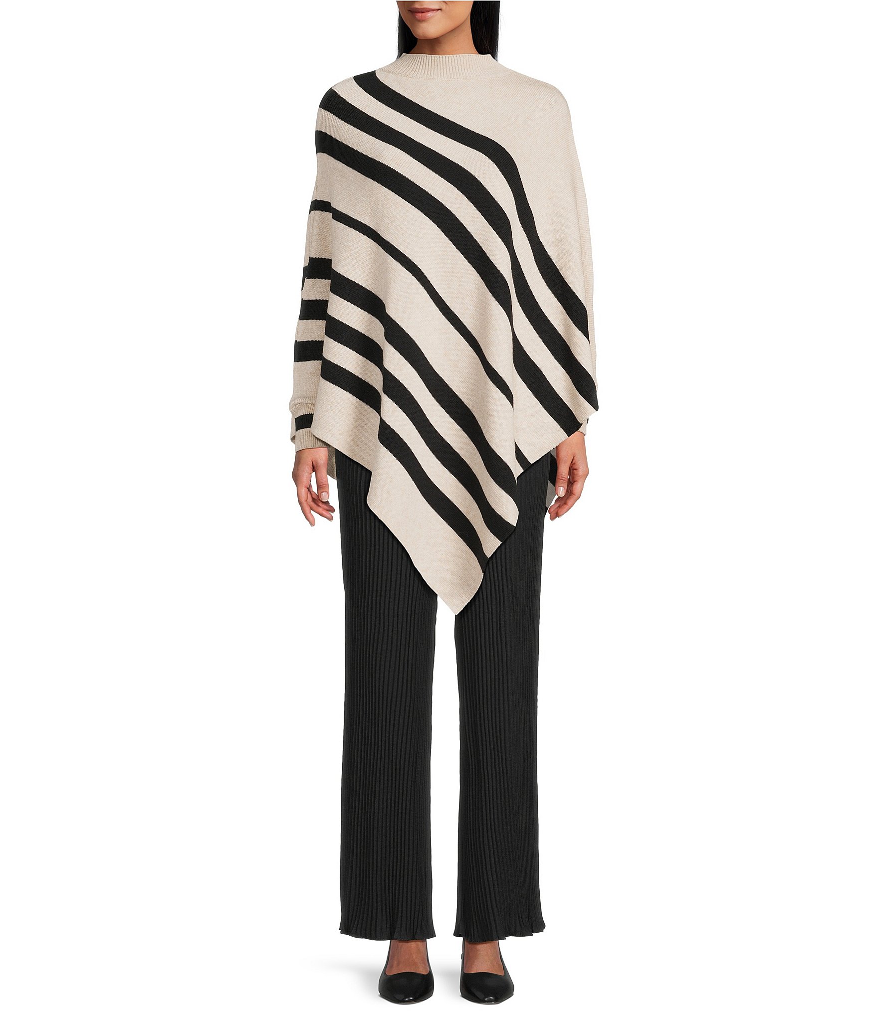 M Made in Italy Knit Stripe Mock Neck Poncho | Dillard's