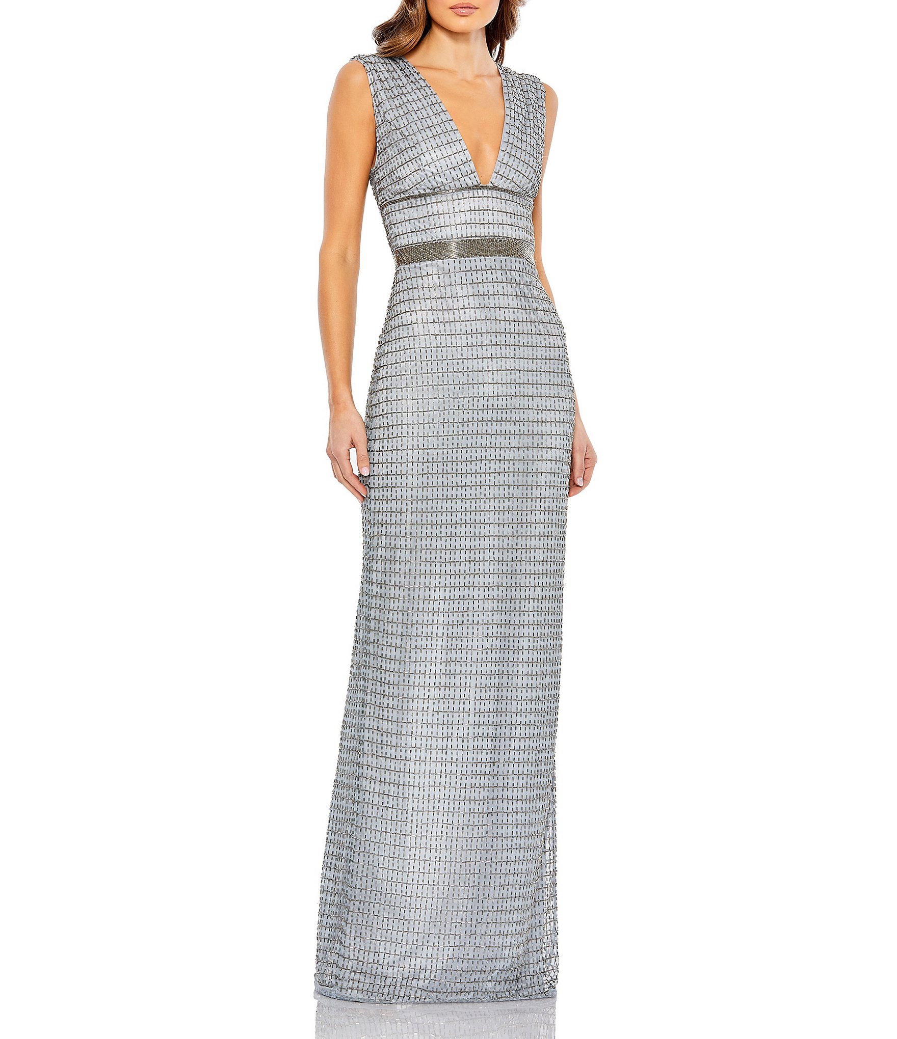 Mac Duggal Beaded V Neck Sleeveless Sheath Gown Dillards