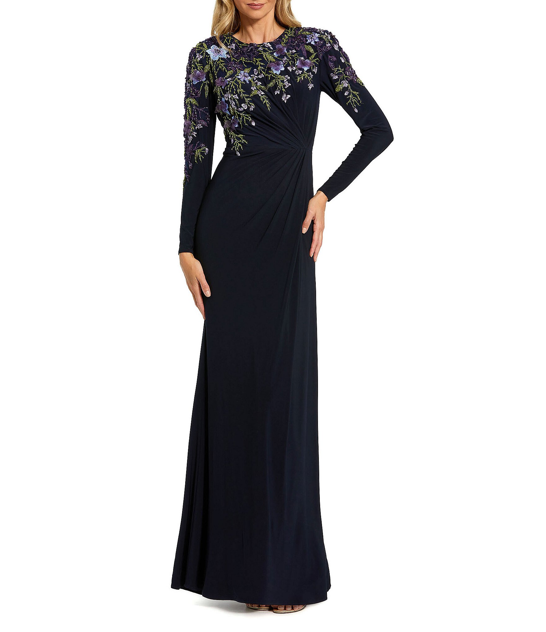 Mac Duggal Floral Embellished Knit Crew Neck Long Sleeve Gathered Side