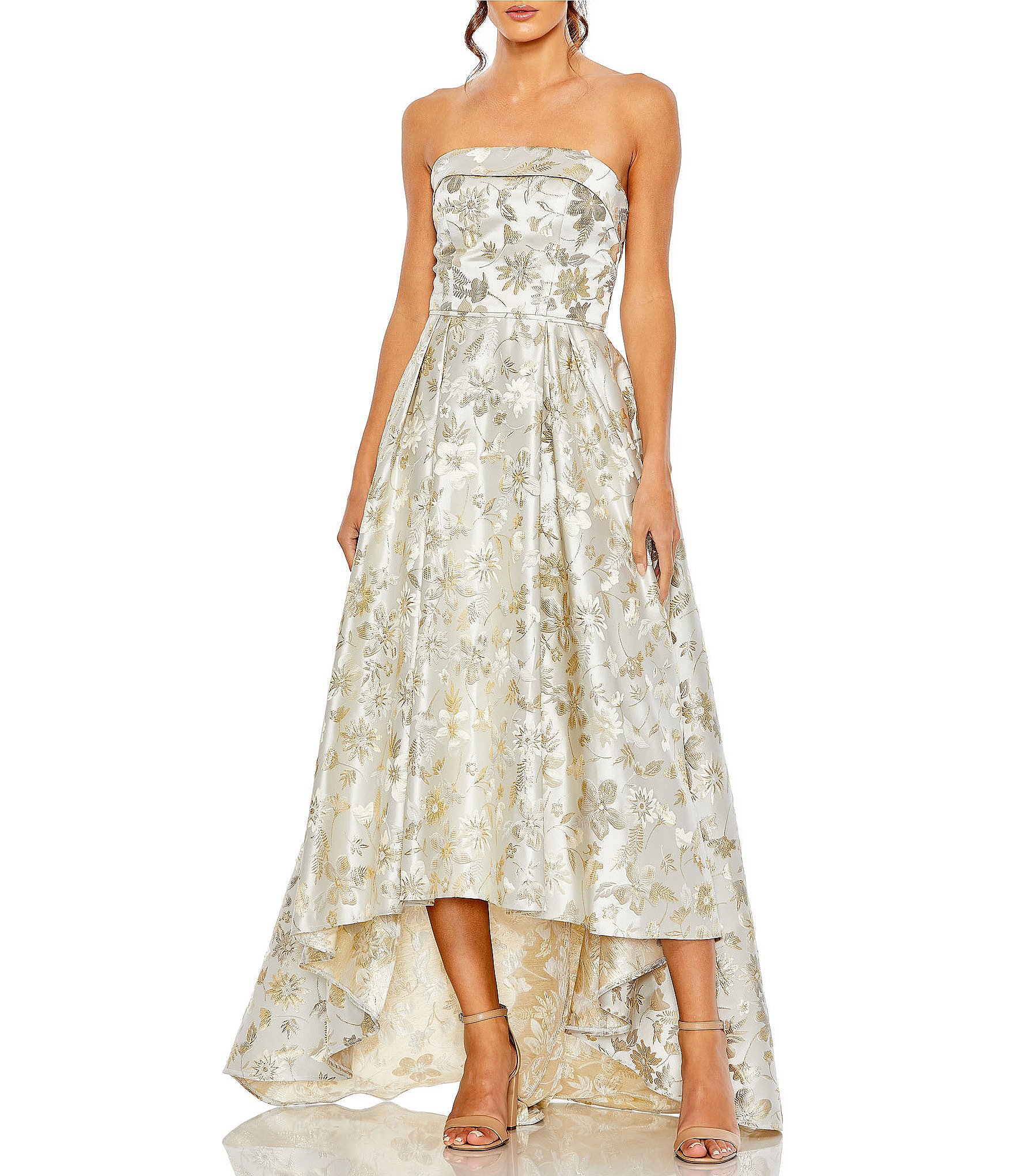 Mac Duggal Floral Jacquard Strapless Sleeveless High Low Hem Gown
