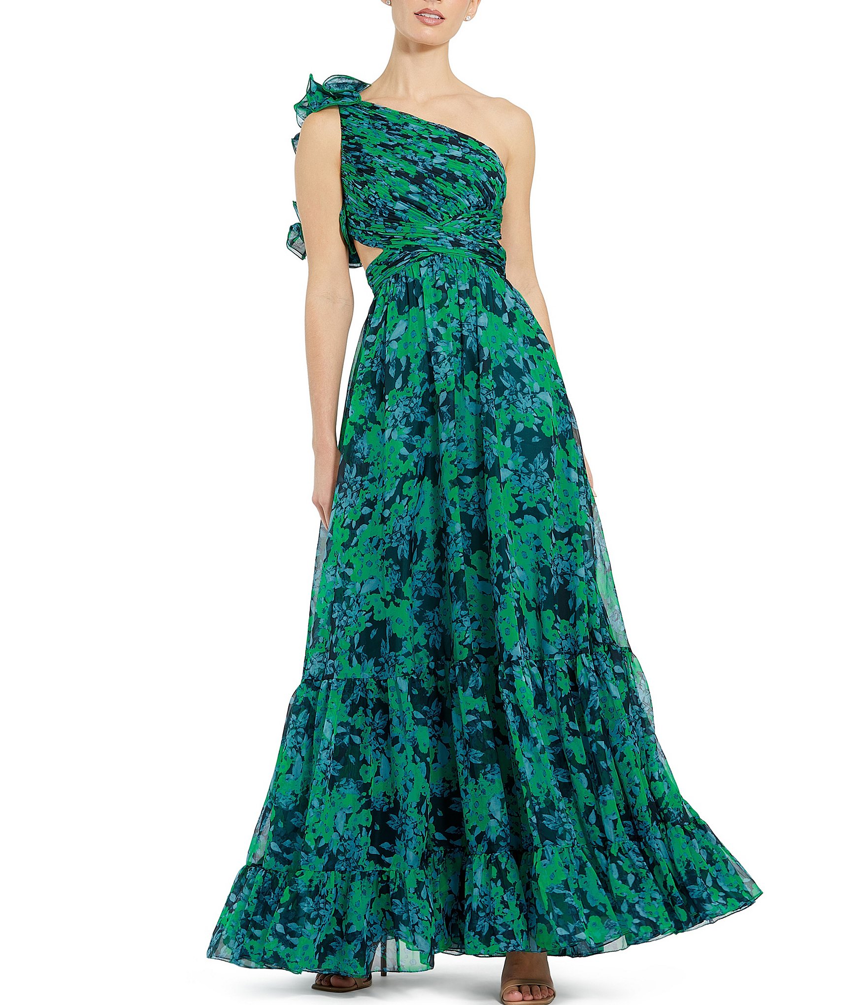 Mac Duggal Floral Print One Shoulder Tiered Ruffled Cut Out Gown