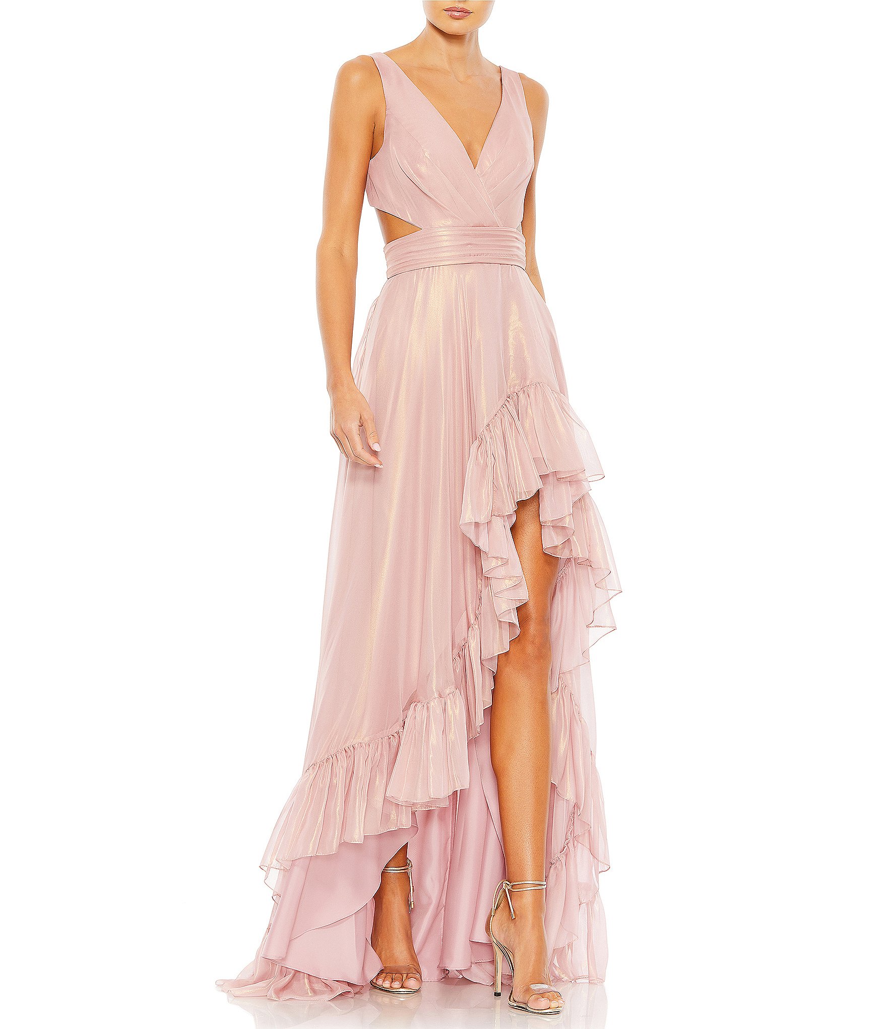 Mac Duggal Organza V Neck Sleeveless Side Cutout Ruffle High Low Back