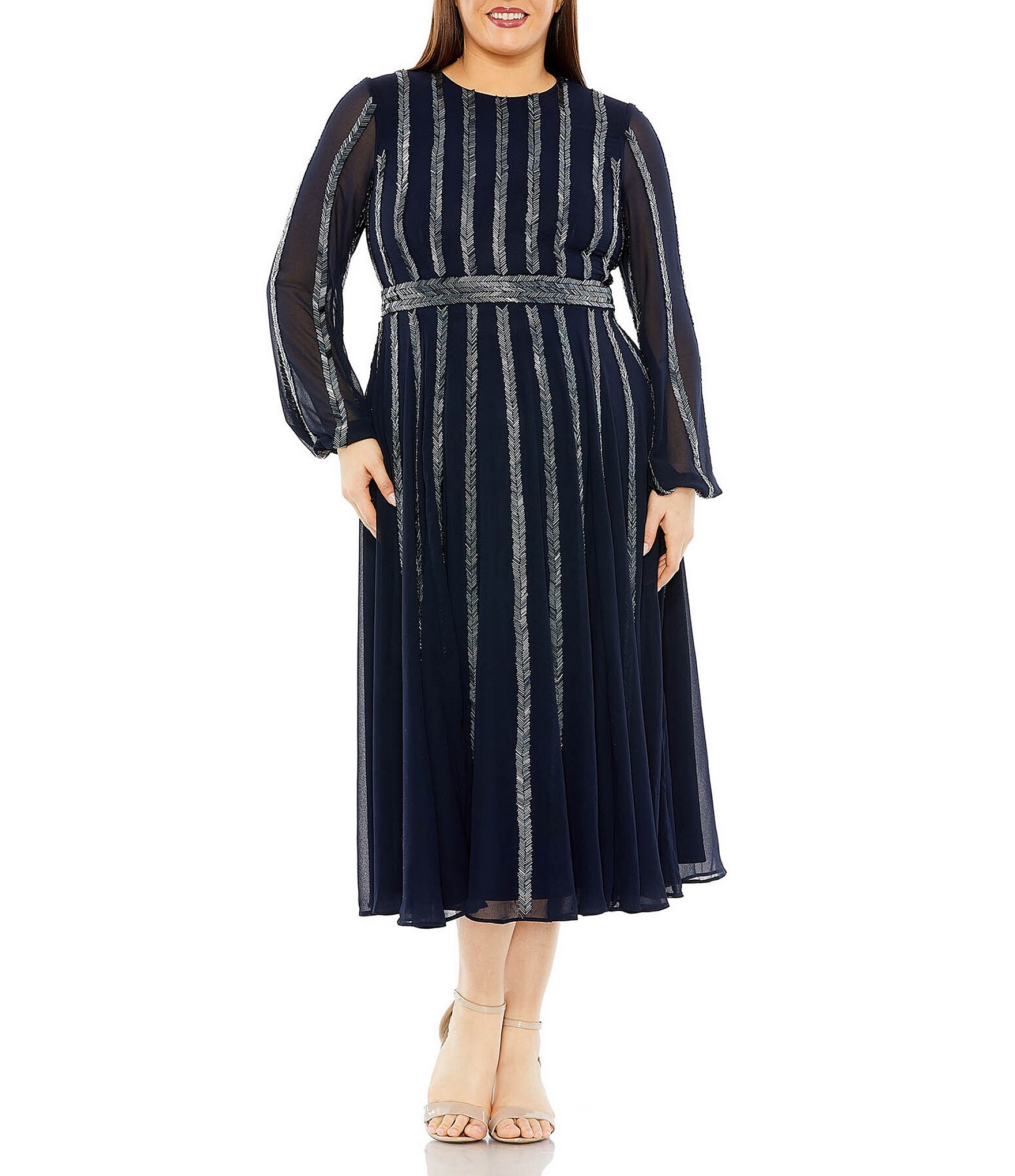 Mac Duggal Plus Size Long Sheer Sleeve Crew Neck Beaded Dress Dillards