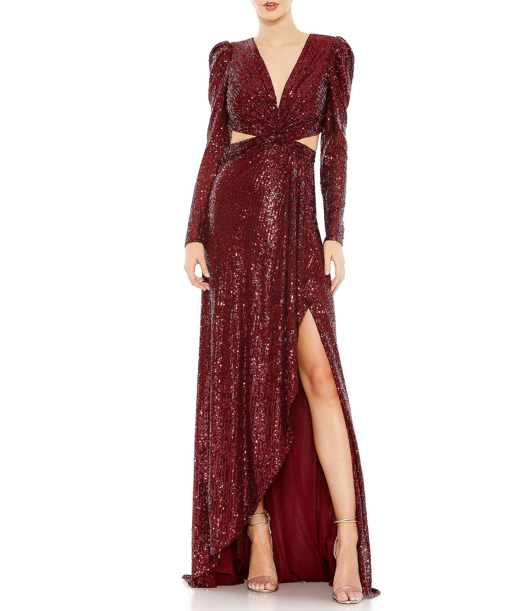 Mac Duggal Sequin Deep V Neck Long Sleeve Front Twist Cut Out Back