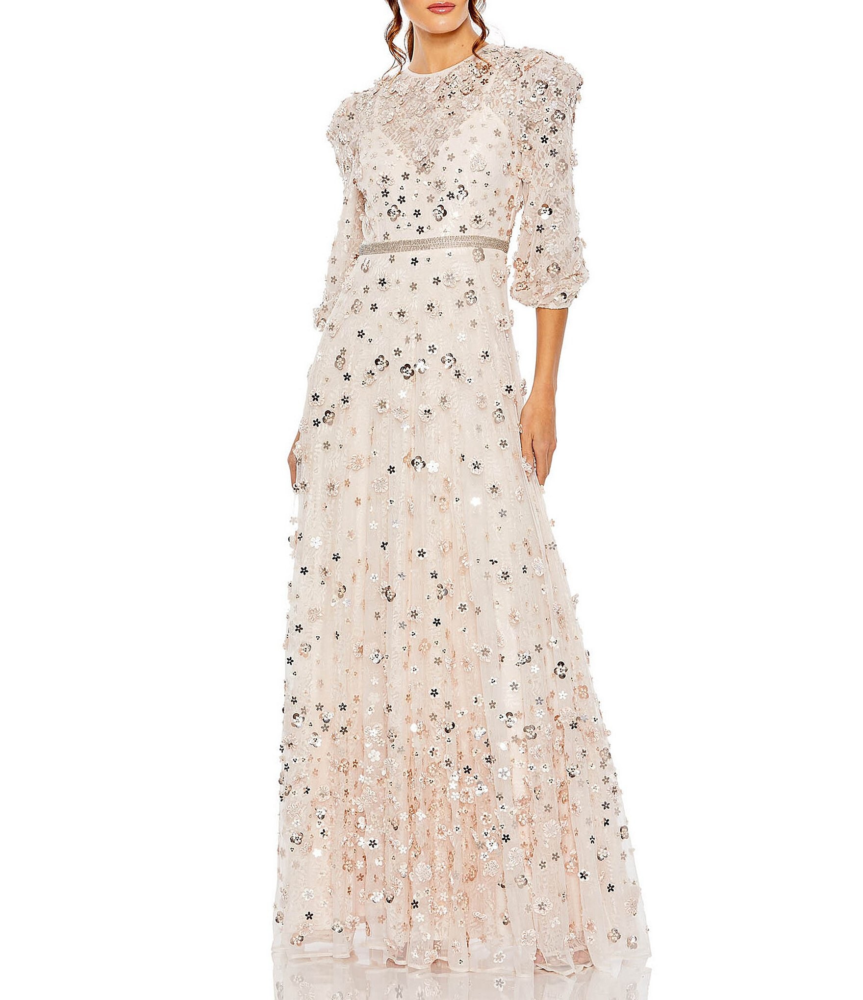 Mac Duggal Sequin Floral Applique Illusion Crew Neck 3 4 Sleeve Gown