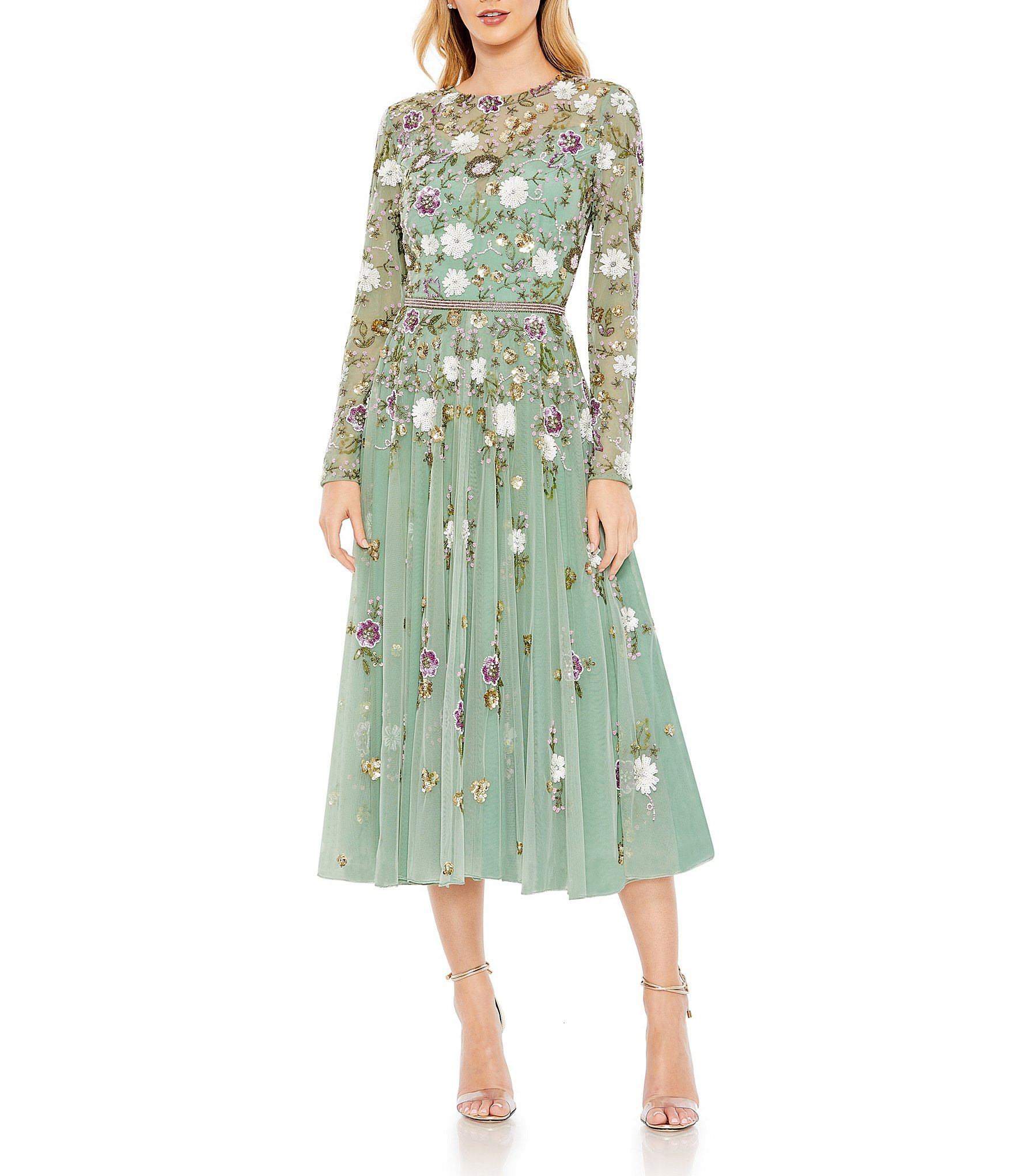 Mac Duggal Sequin Floral Crew Neck Long Sleeve Midi Dress Dillards
