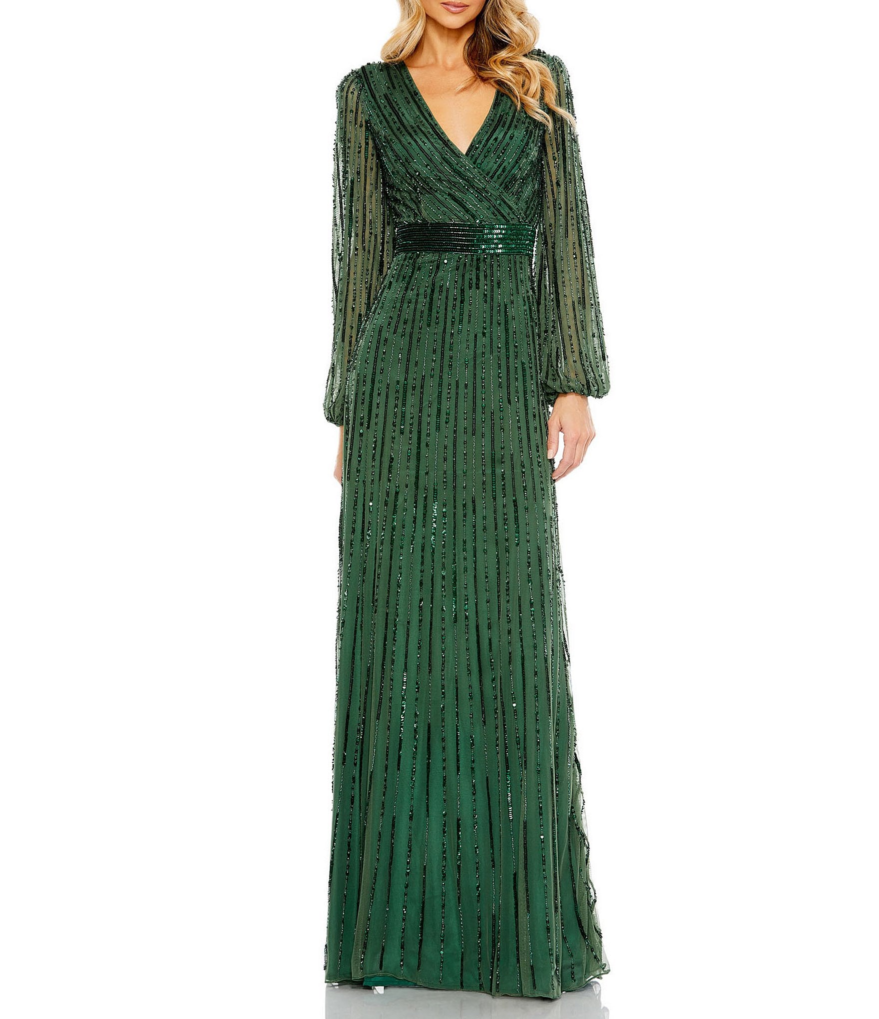 Mac Duggal Sequin Surplice V Neck Long Puff Sleeve Gown Dillards