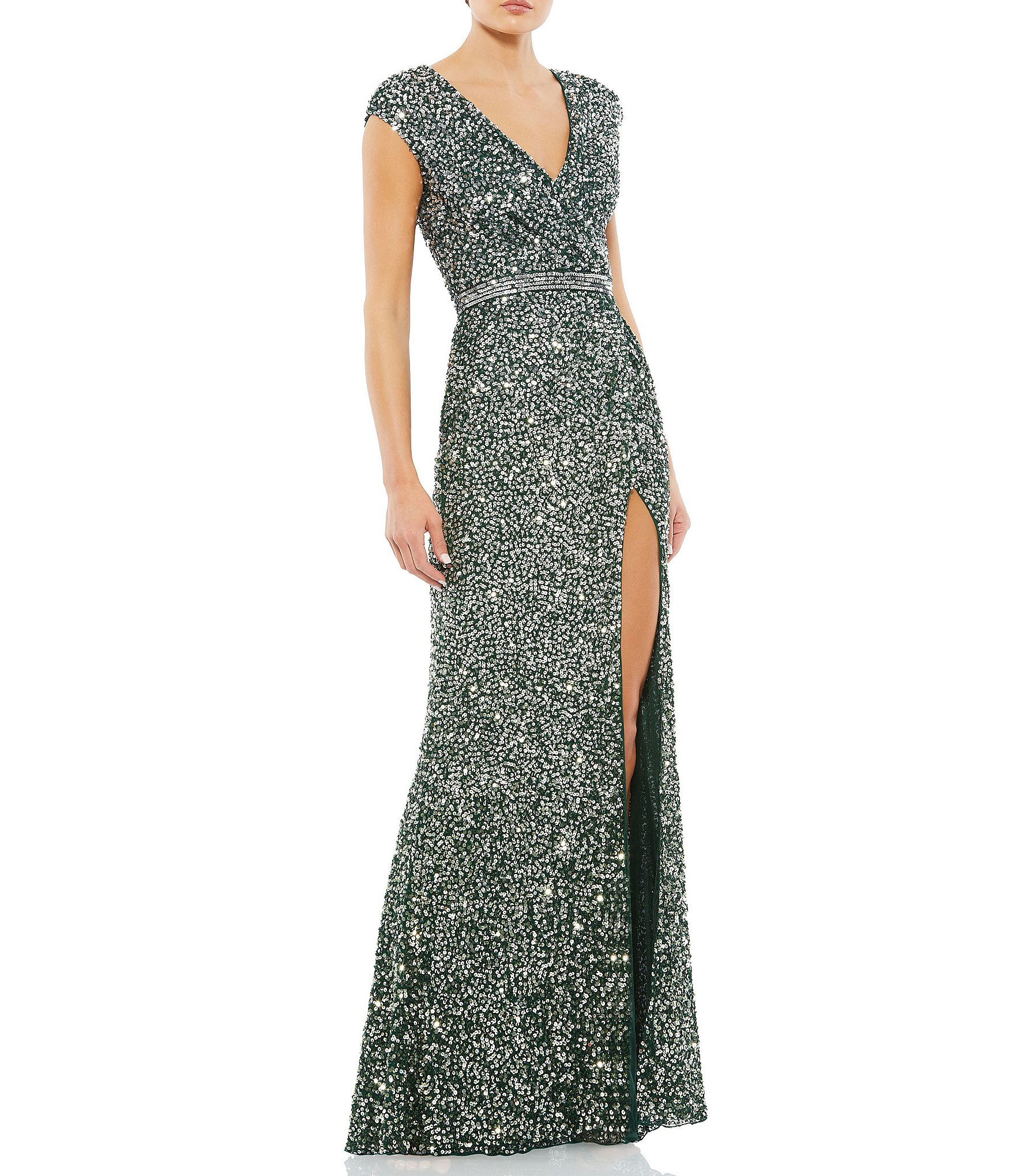 Mac Duggal Sequin V Neck Thigh High Slit Sleeveless Sheath Gown Dillards