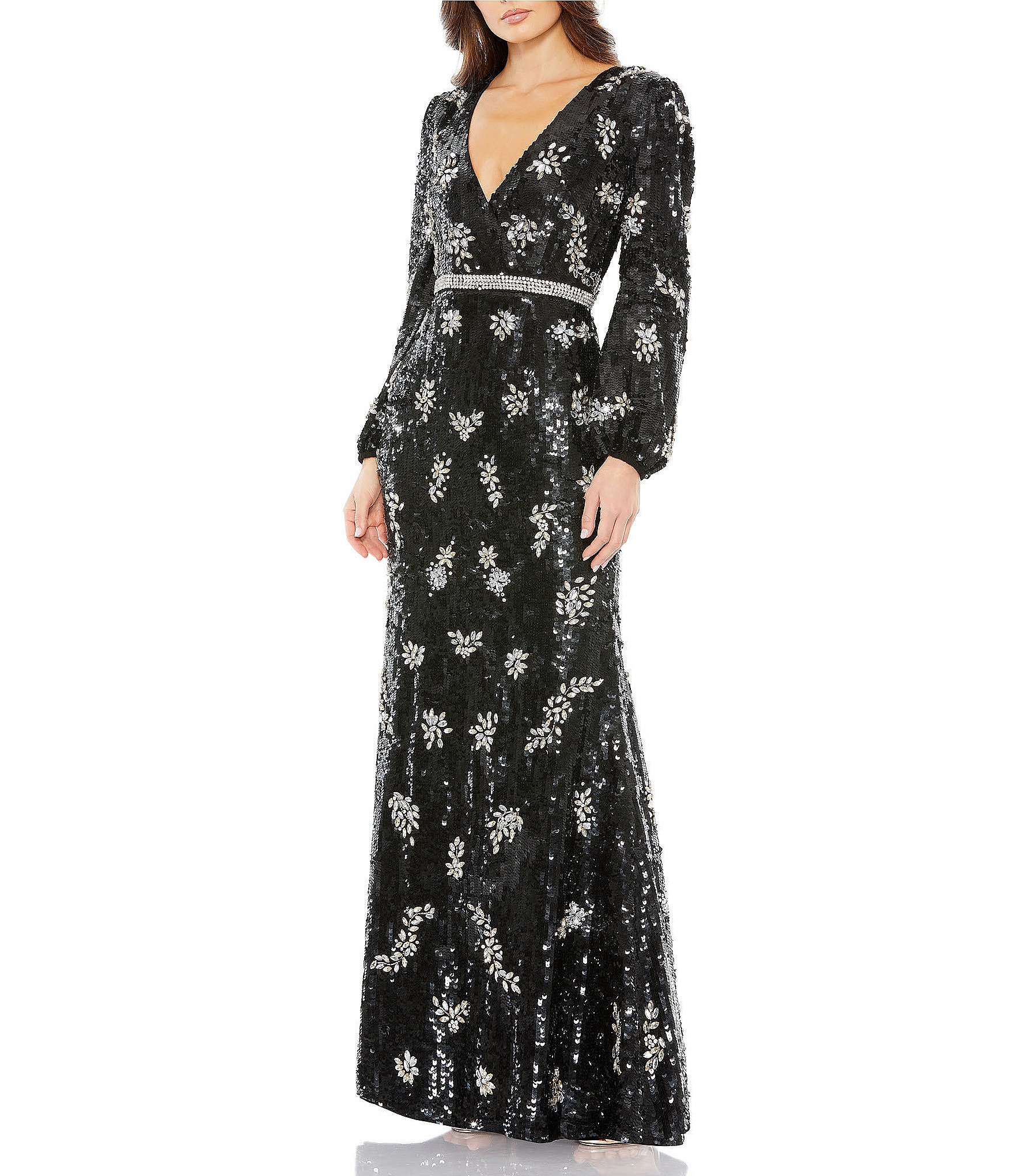 Mac Duggal Sequin V Neck Long Bishop Sleeve Gown Dillards