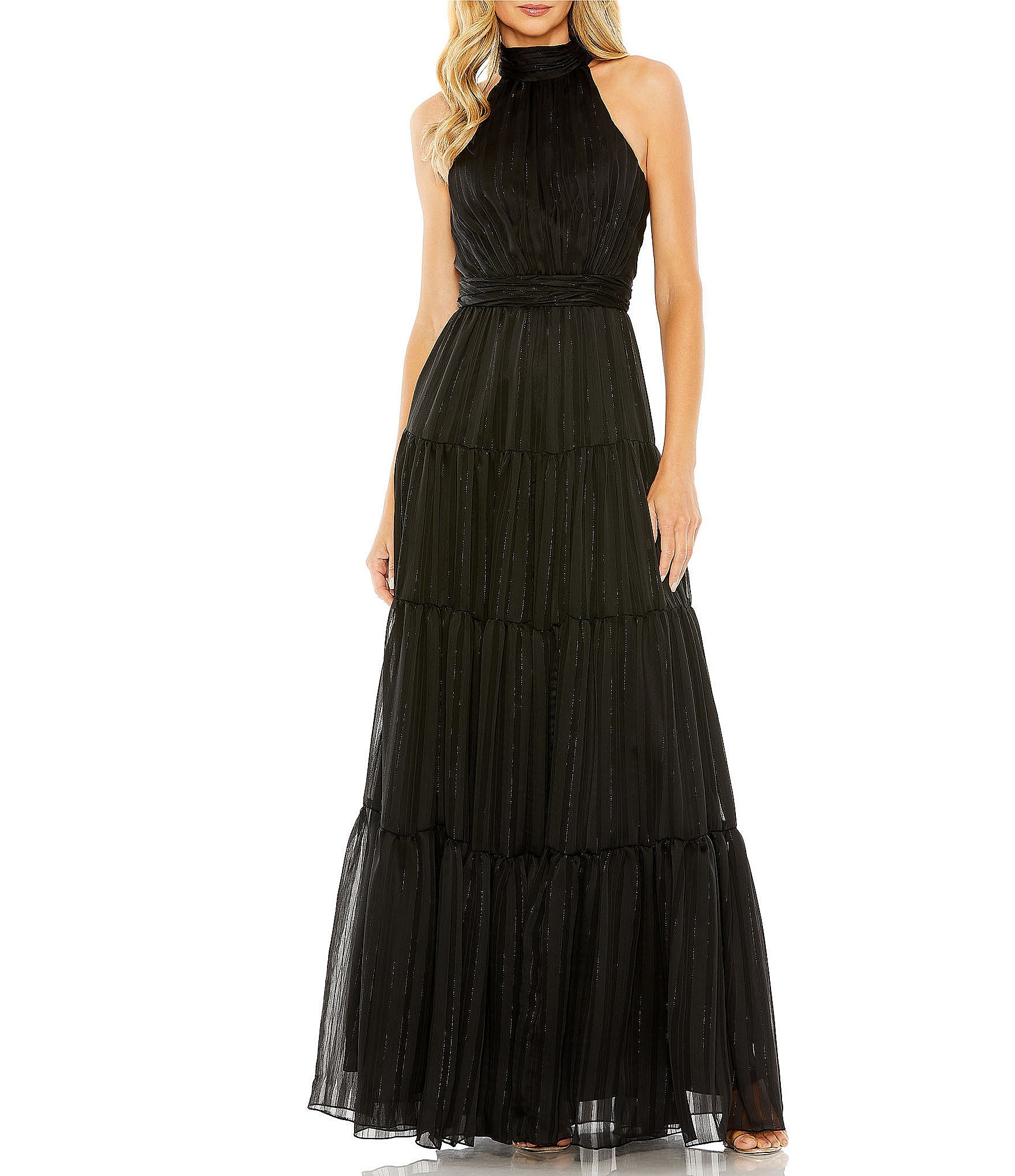 Mac Duggal Sleeveless Halter Neck Tiered A Line Gown Dillards