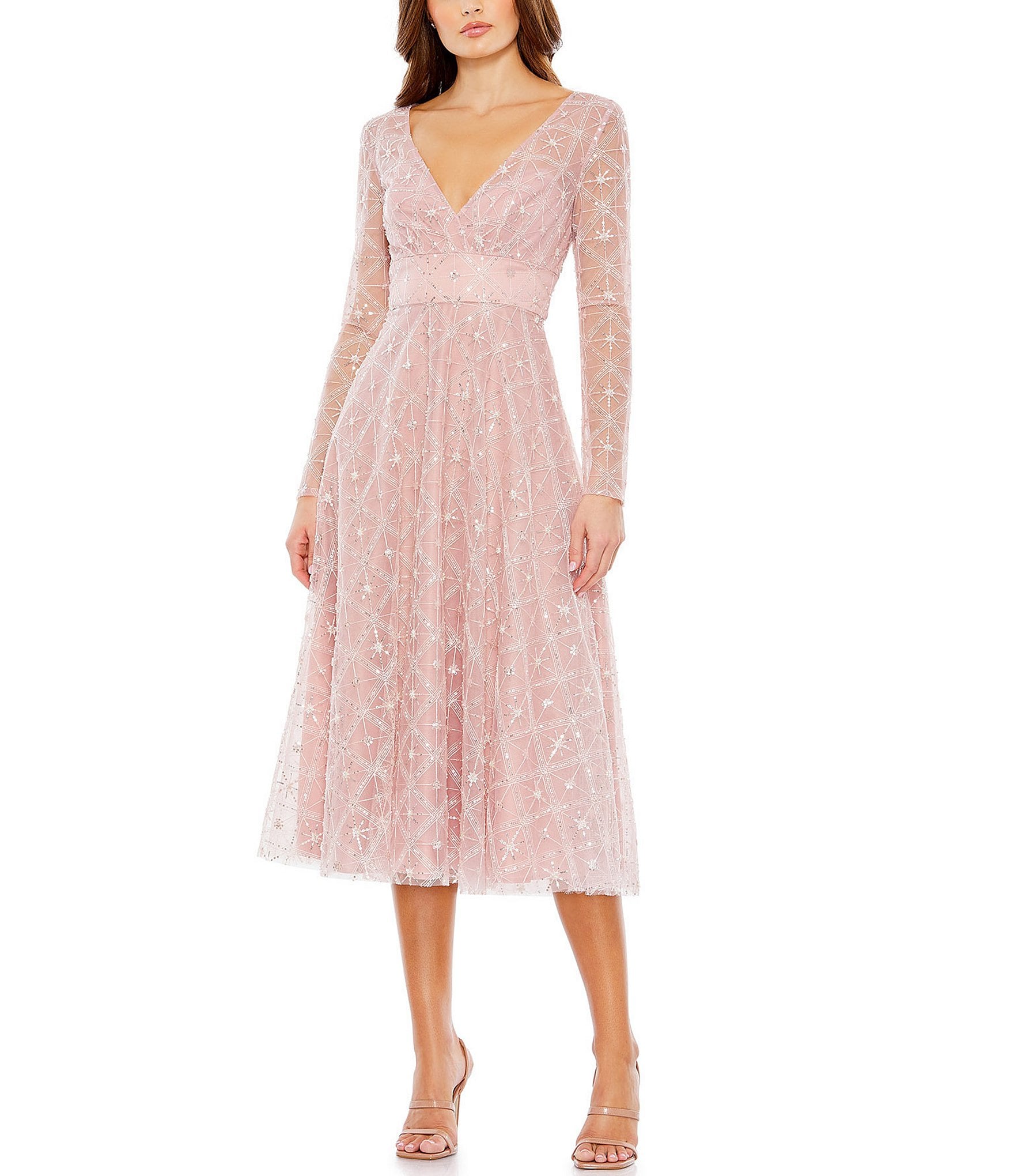 Mac Duggal V Neck Long Illusion Sleeve Beaded Midi Dress Dillards