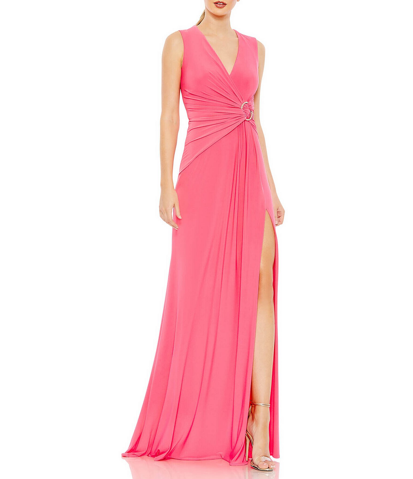 Mac Duggal V Neck Sleeveless Side Gathering Ring Thigh High Slit Gown