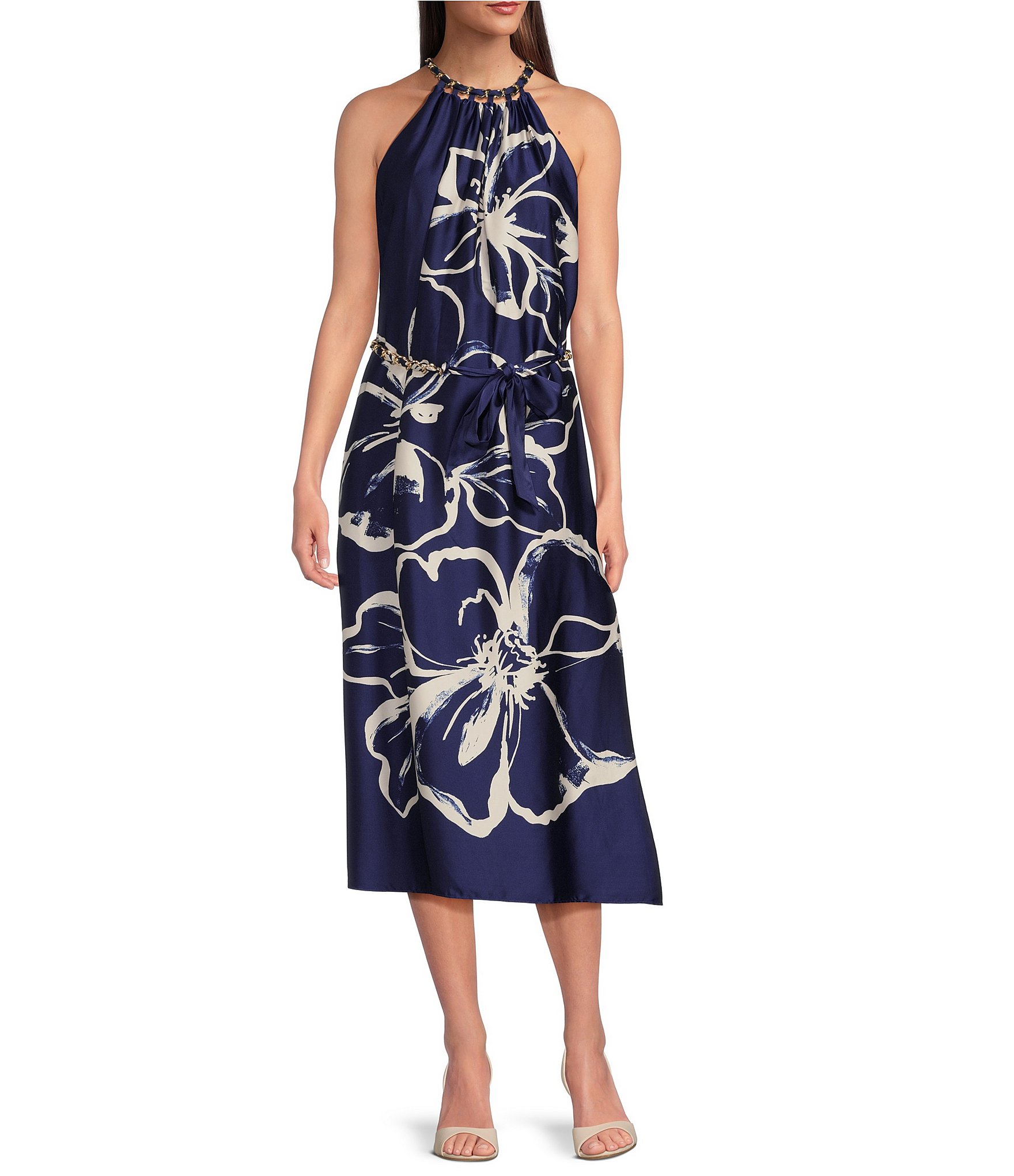 Maggy London Charmeuse Floral Print Halter Neck Sleeveless Waist Tie ... Maggy London Charmeuse Floral Print Halter Neck Sleeveless Waist Tie ...
