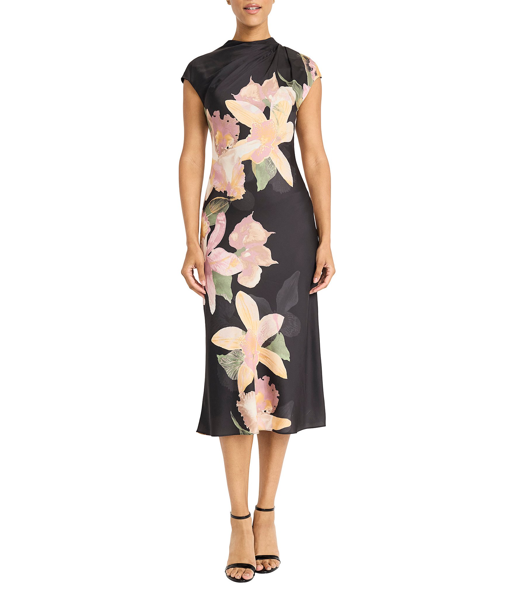 Maggy London Floral Print Charmeuse High Neck Cap Sleeve Bias Cut ... Maggy London Floral Print Charmeuse High Neck Cap Sleeve Bias Cut ...