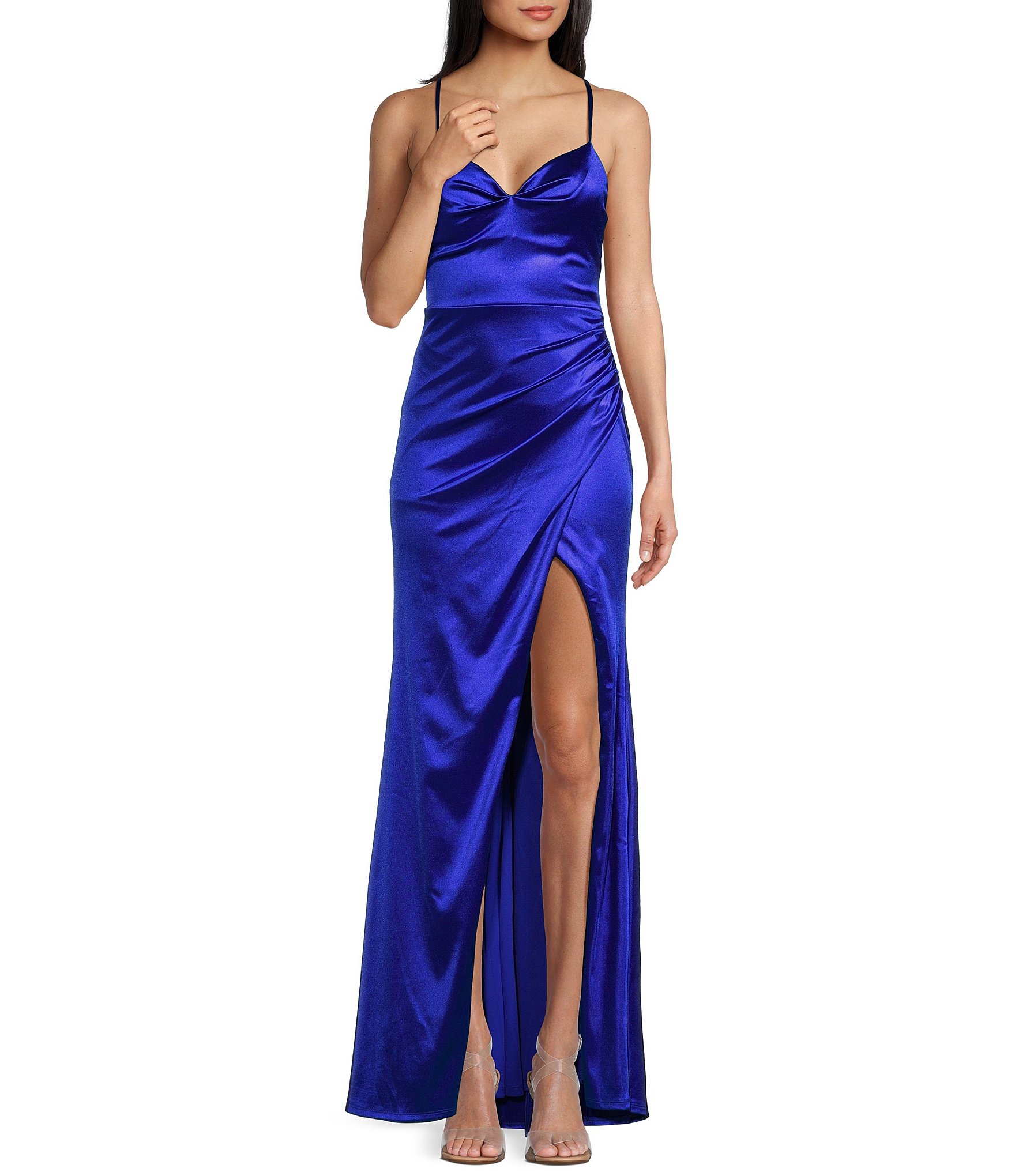 Midnight Doll Crystal Satin V-Neck Spaghetti Strap Side Slit Dress ...