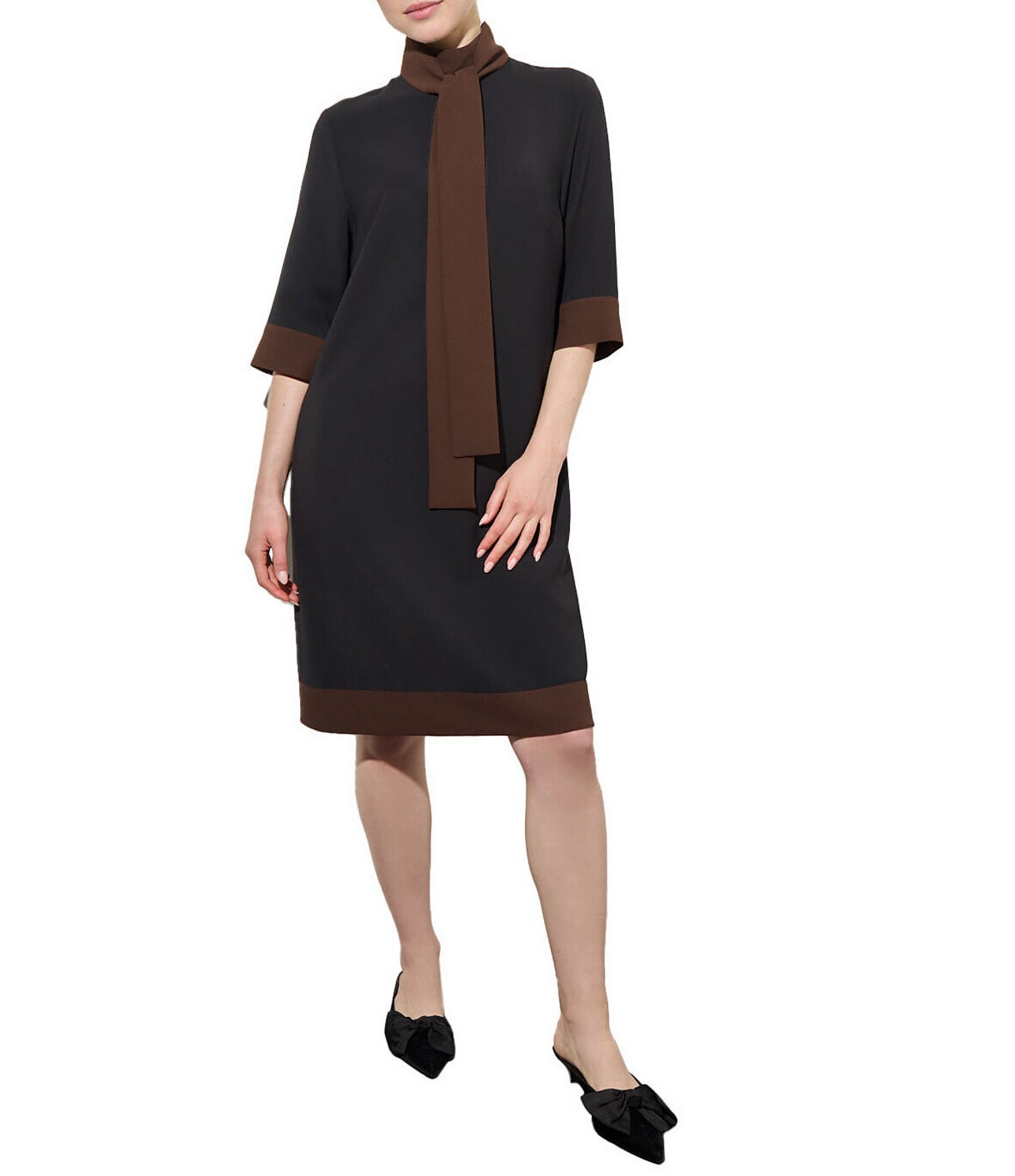 Ming Wang Crepe De Chine Two Tone Mock Neck 34 Sleeve Shift Dress Dillards