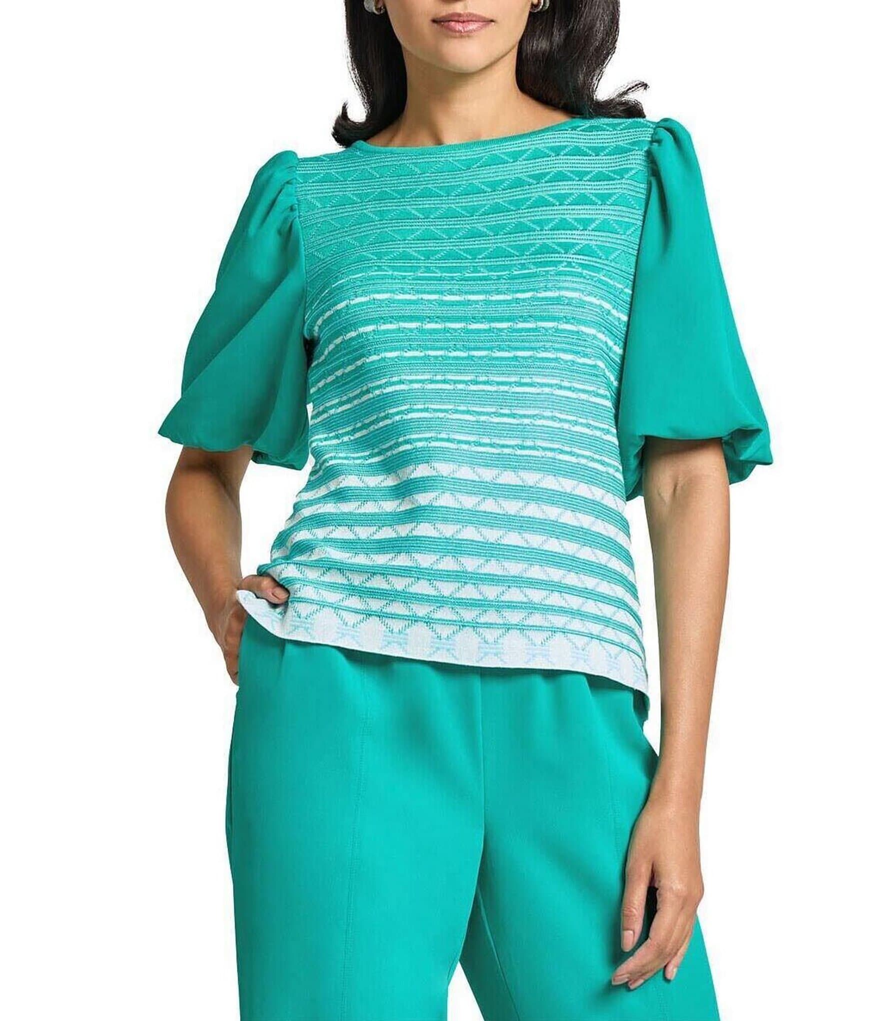 Ming Wang Mixed-Media Ombre Pattern Boat Neck Short Puff Ming Wang Mixed-Media Ombre Pattern Boat Neck Short Puff