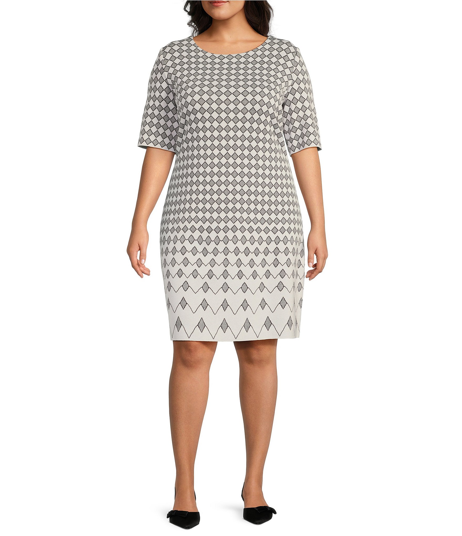 Ming Wang Plus Knit Jacquard Geo Print Round Neck Elbow Ming Wang Plus Knit Jacquard Geo Print Round Neck Elbow