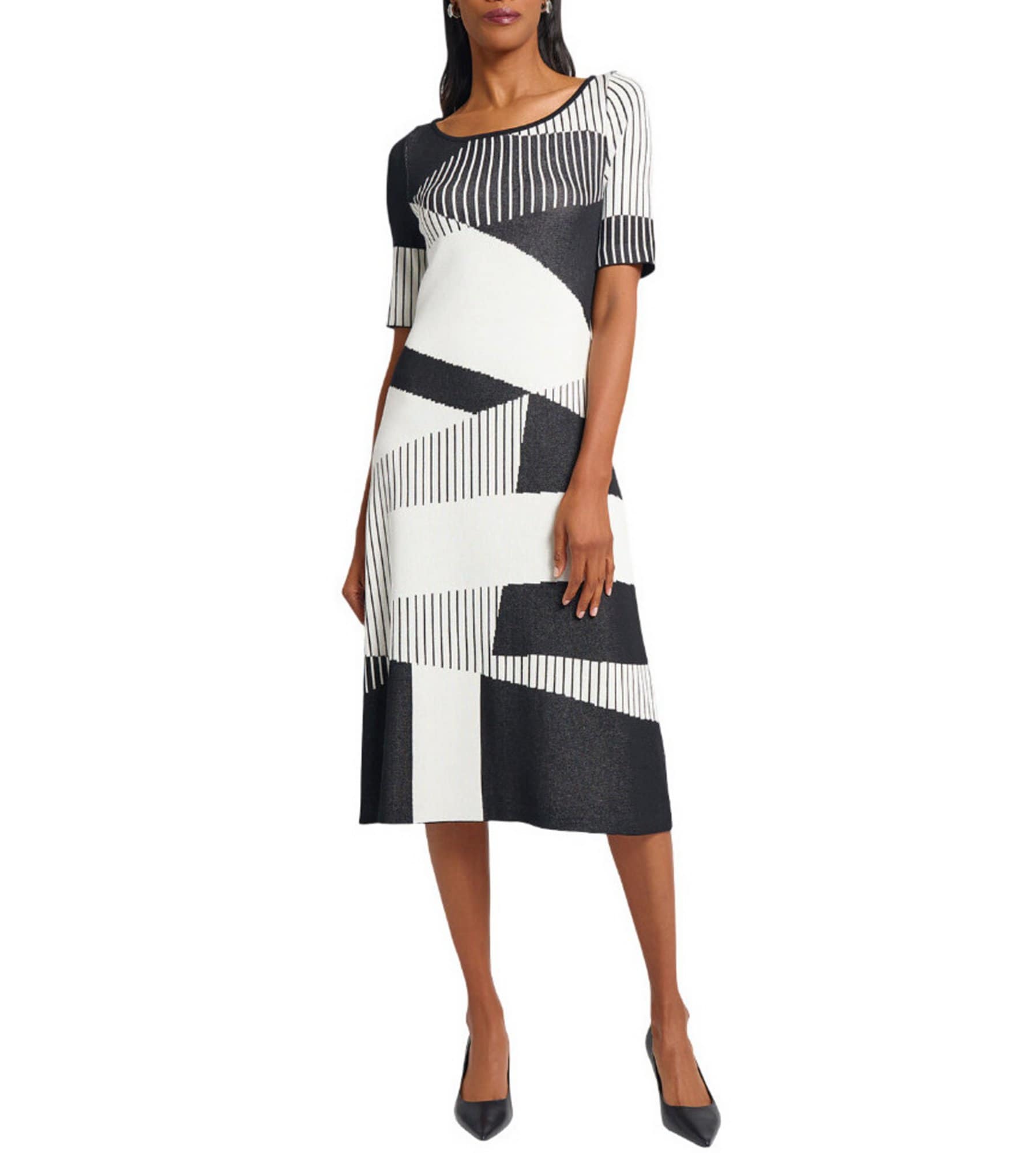 Ming Wang Soft Knit Jacquard Pattern Scoop Neck Short Sleeve Midi Dress | Dillard's