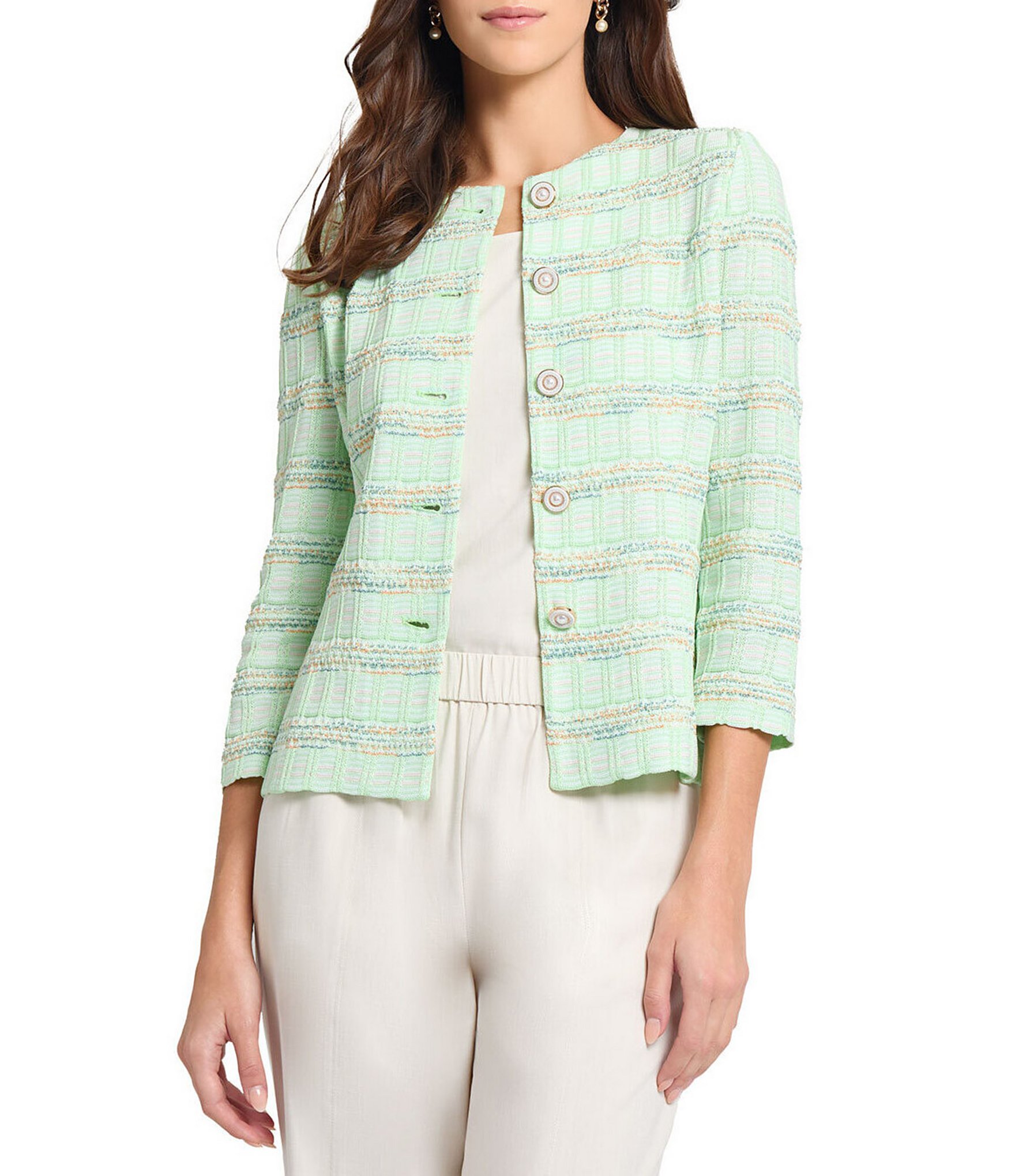 MISOOK Tailored Soft Plaid Textured Knit Round Neck Bracelet Sleeve Jacket | Dillard's