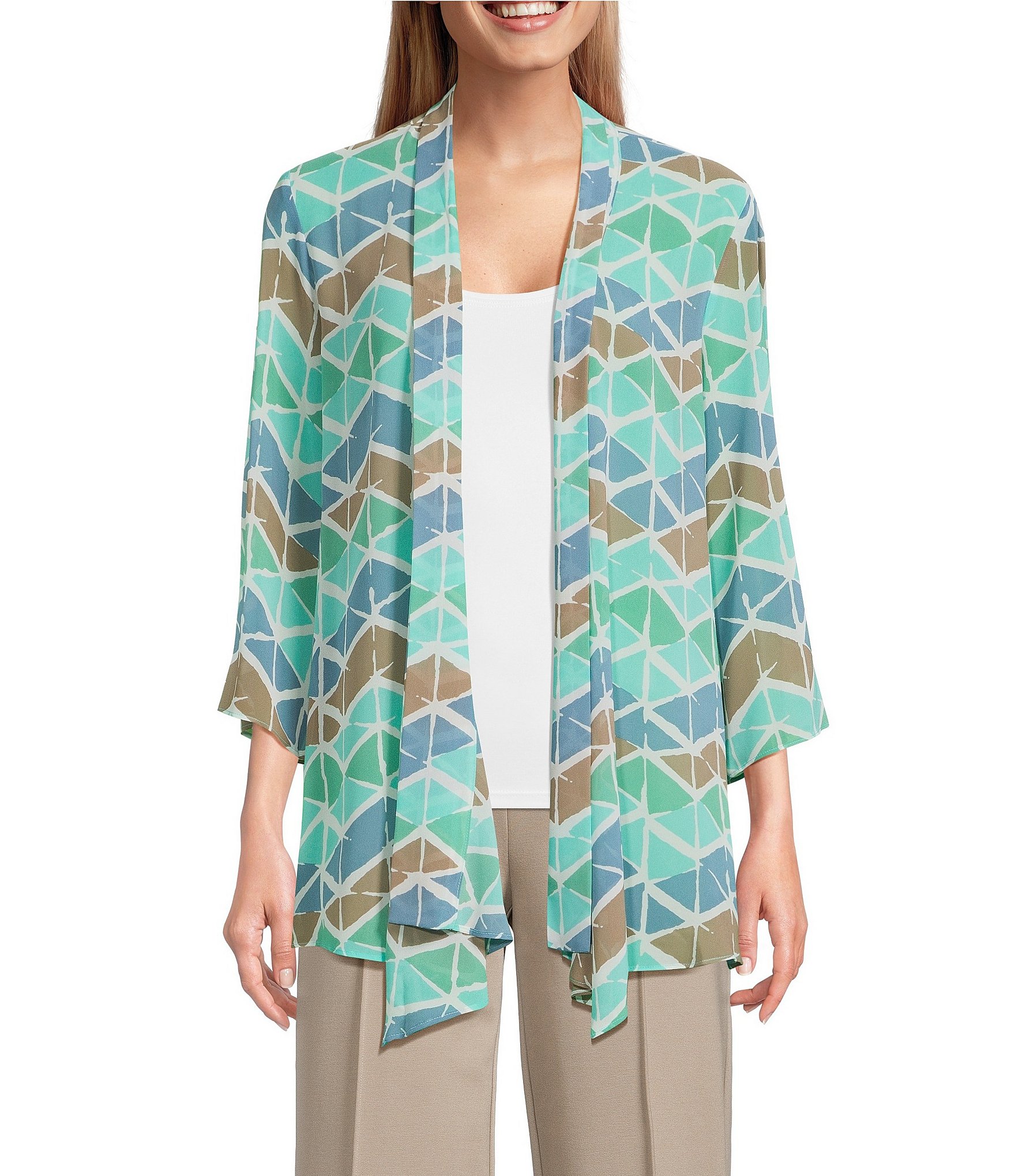Multiple Georgette Printed 3/4 Sleeve Drapey Open-Front Jacket | Dillard's