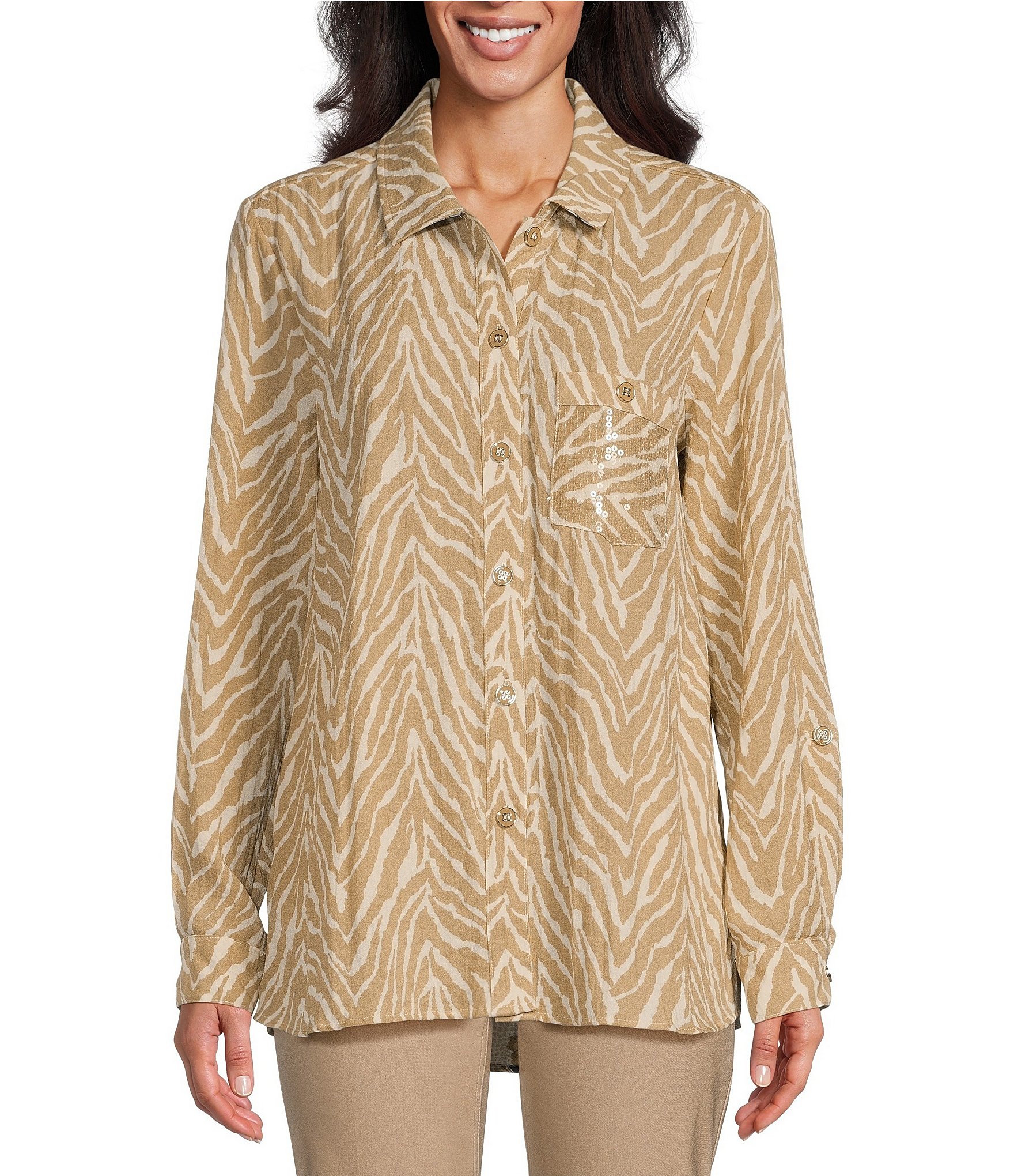 Multiples Crinkle Point Collar Long Roll-Tab Sleeve Button-Front Shirt ...