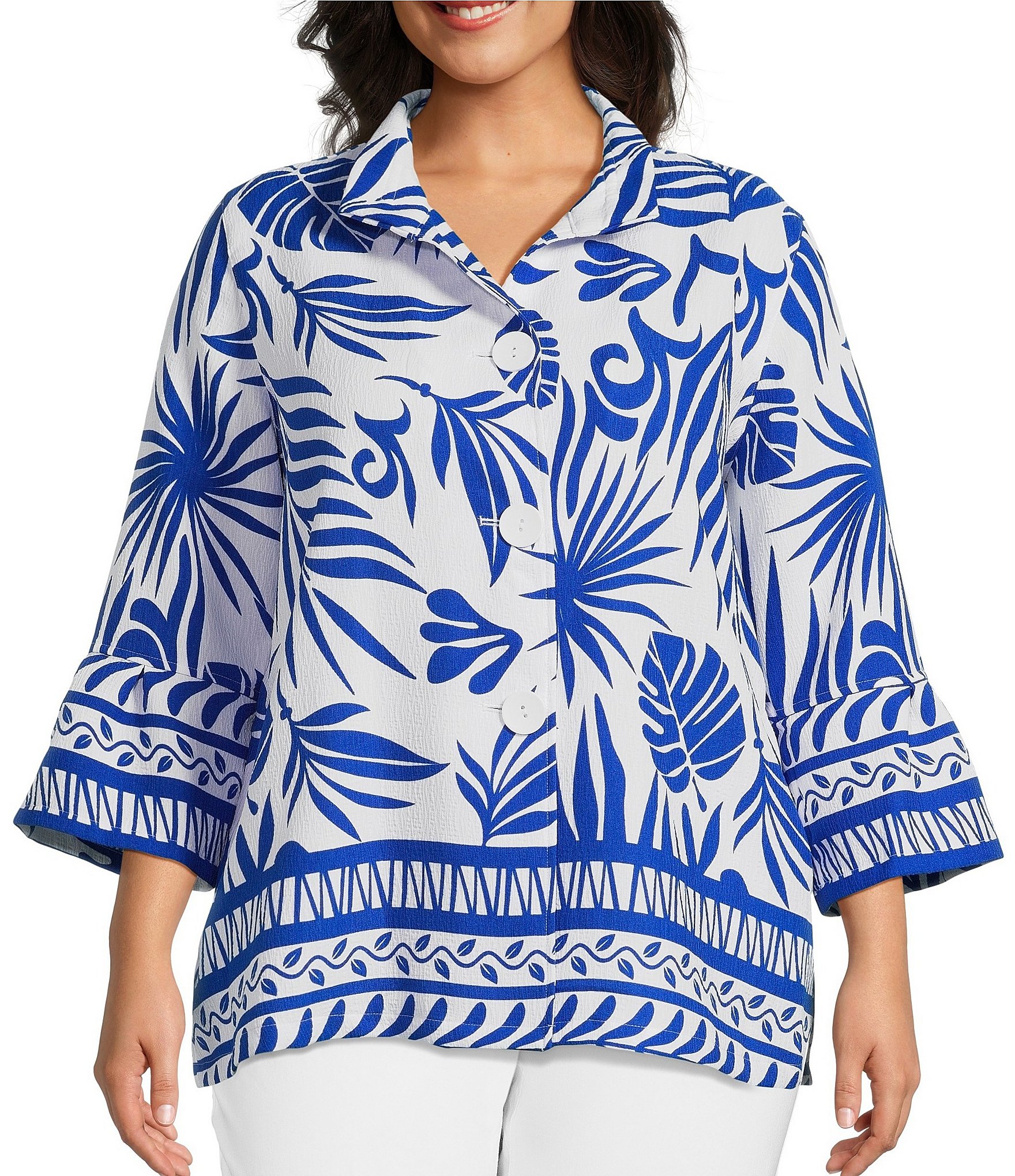 Multiples Plus Size Bark Cloth Border Print Wire Collar 3/4 Sleeve ...