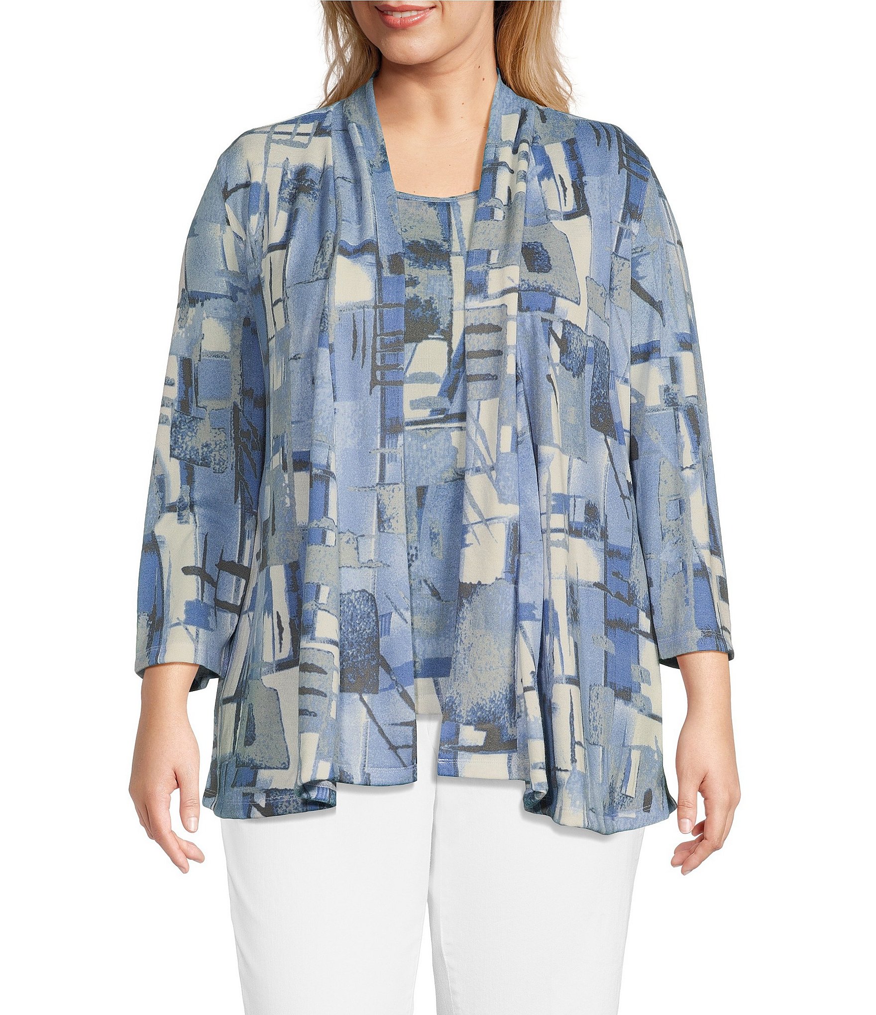 Multiples Plus Size Knit Block Multi Long Sleeve Open-Front Matching ...