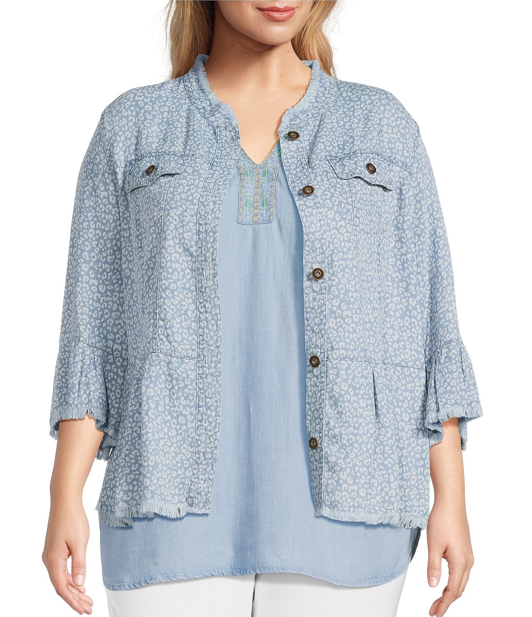 Multiples Plus Size Lyocell Printed Point Collar 3/4 Flounce Sleeve ...