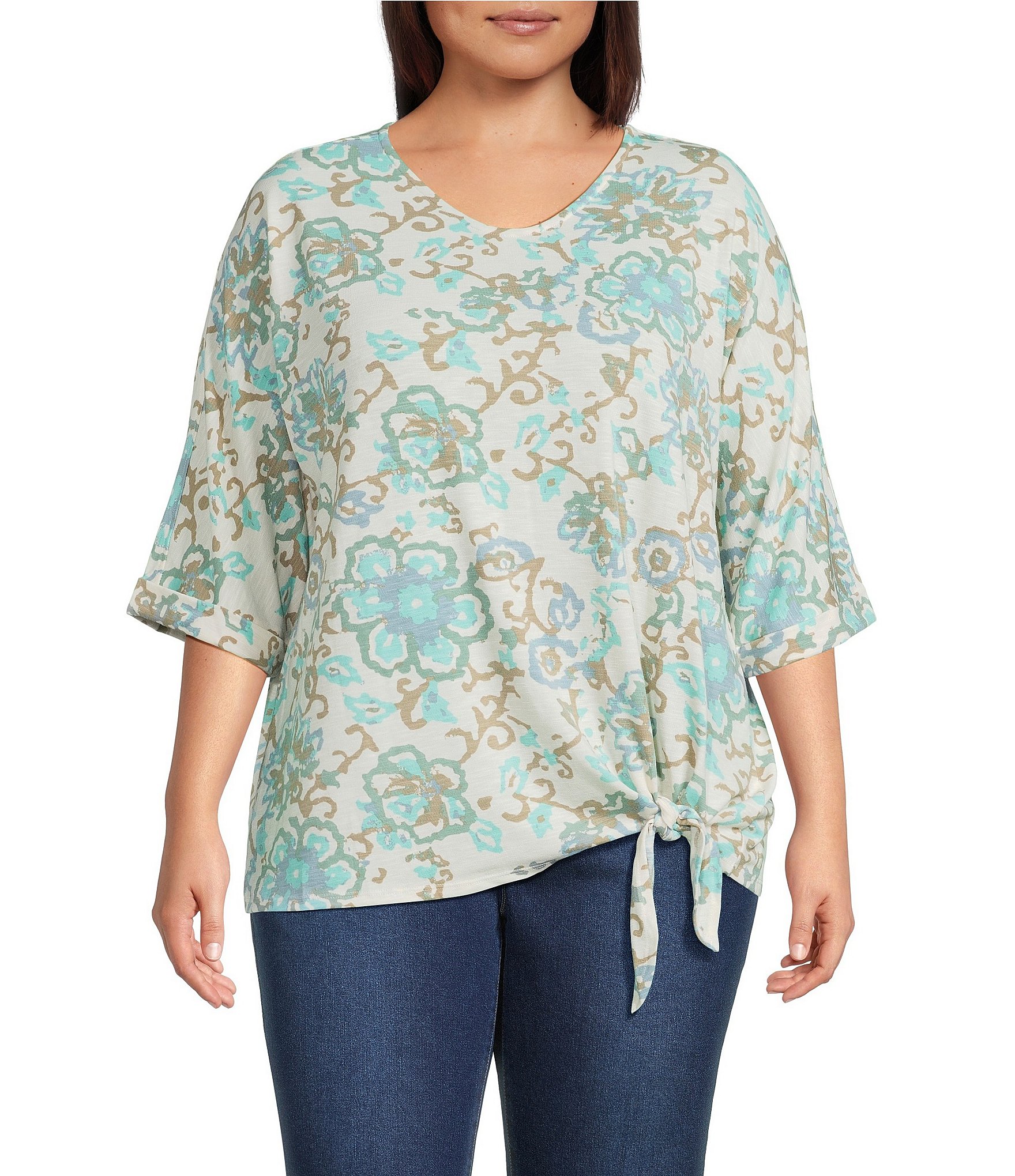 Multiples Plus Size Slub Batik Multi Printed V-Neck 3/4 Dolman Sleeve ...