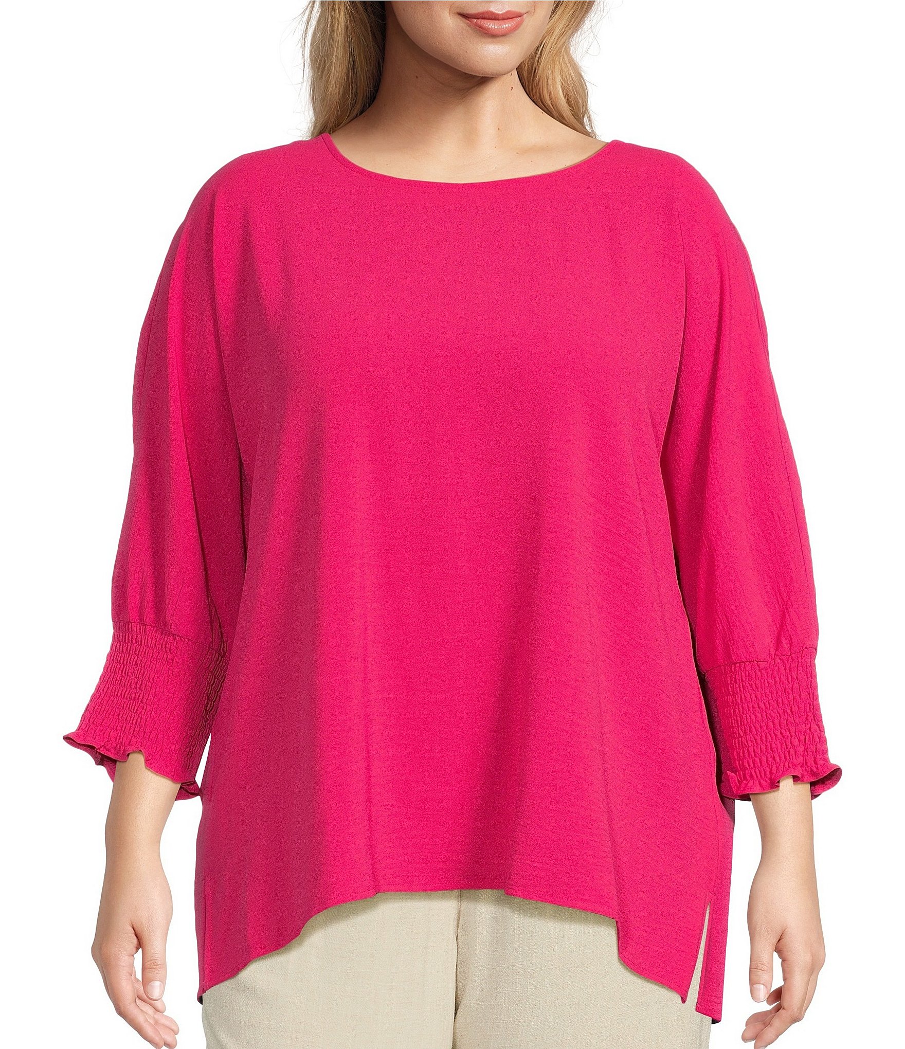 Multiples Plus Size Solid Crinkle Woven Crew Neck Smocked 3 4 Dolman