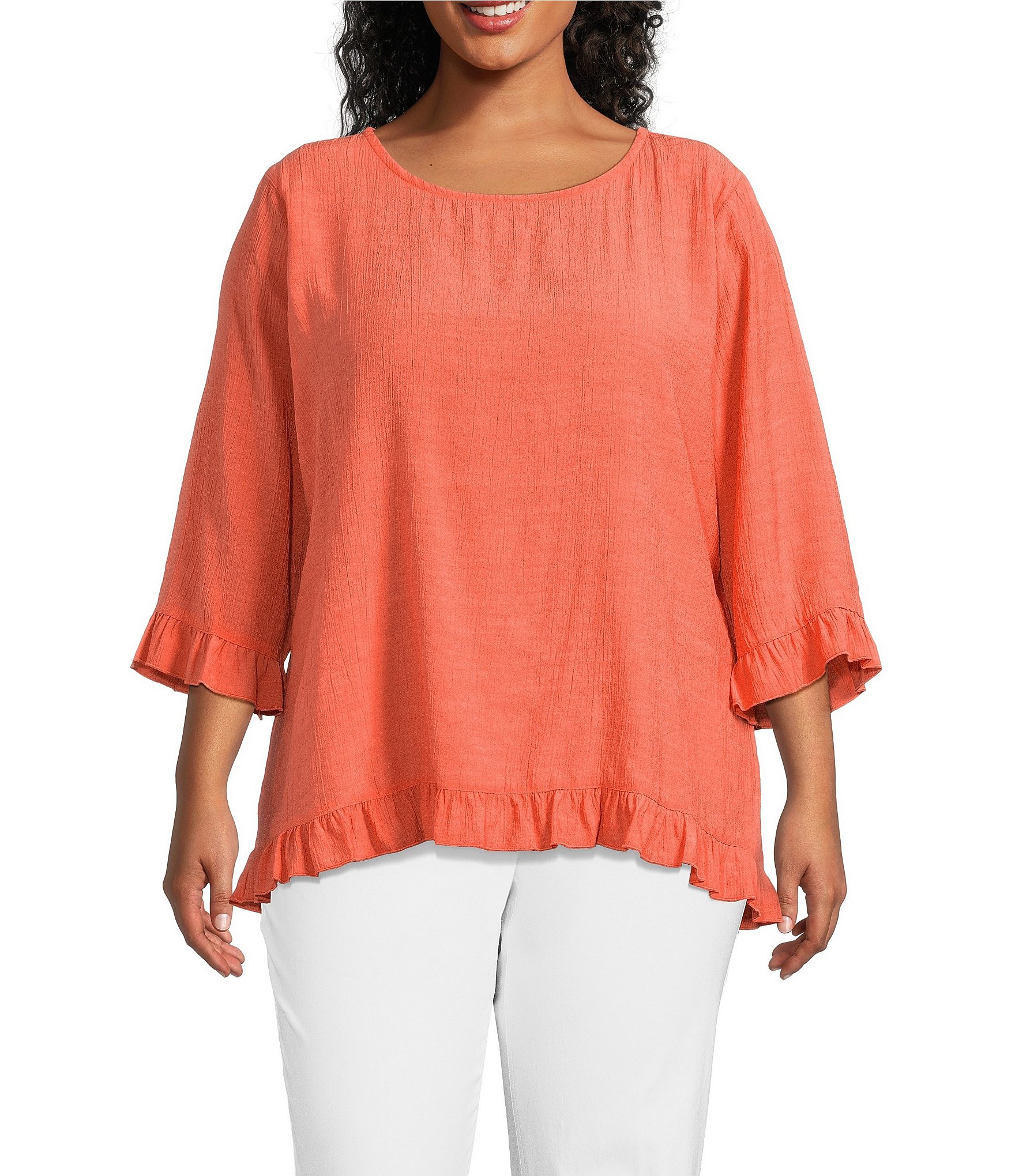 Multiples Plus Size Solid Crinkle Woven Scoop Neck 3/4 Sleeve Hi-Low ...