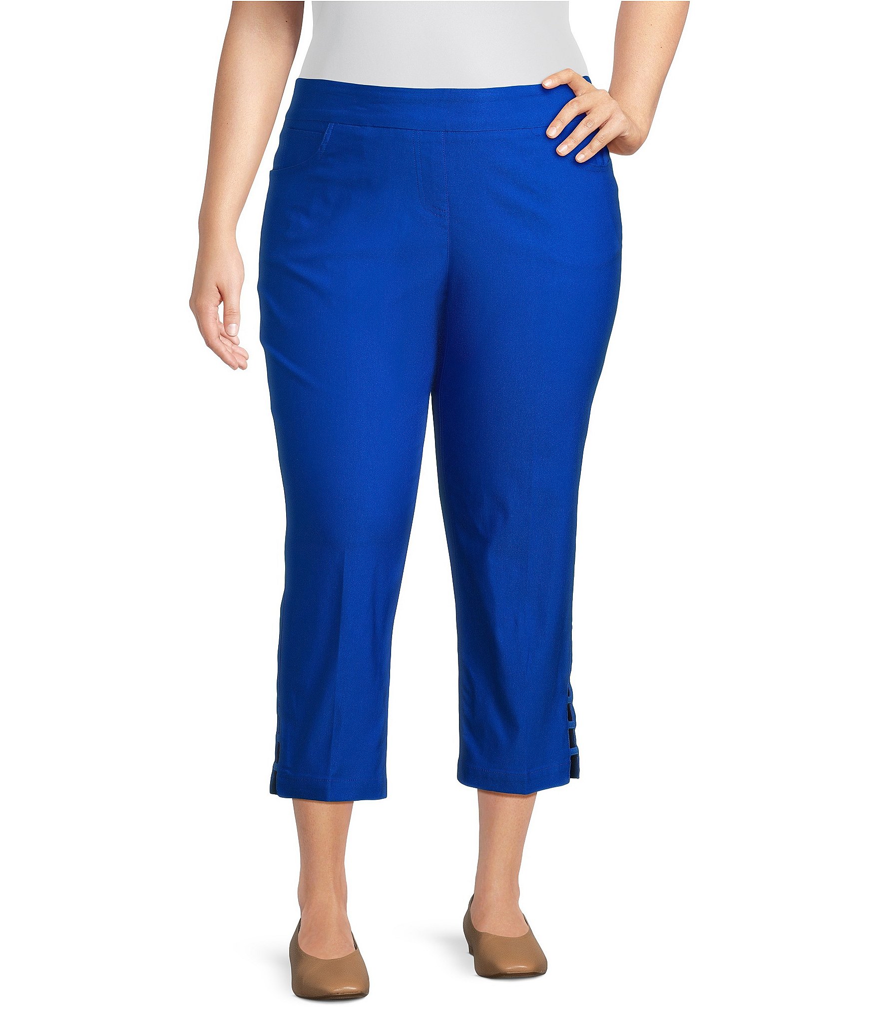 Multiples Plus Size Solid Straight Ladder Hem Pull-On Twill Crop Pants ...