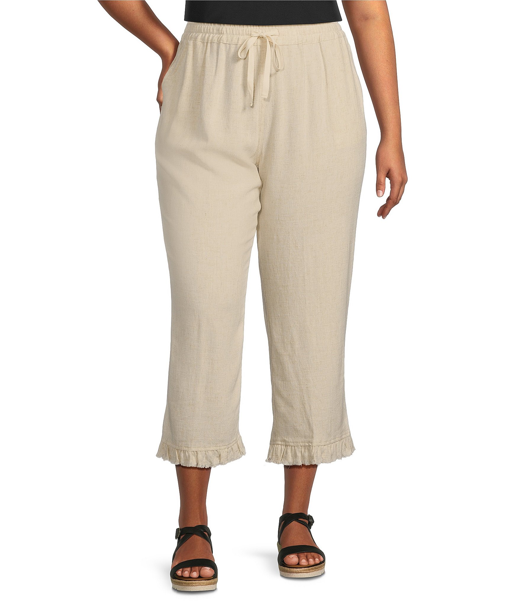 Multiples Plus Size Textured Slub Woven Straight Leg Elastic Drawstring ...