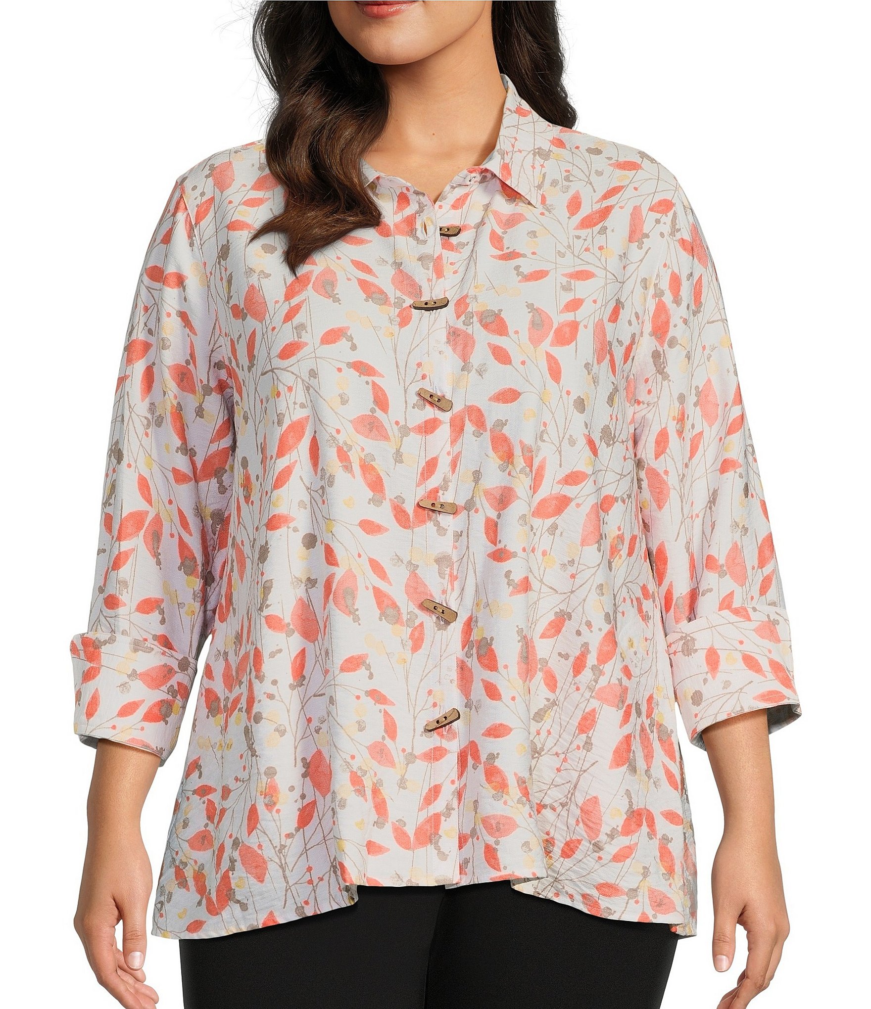 Multiples Plus Size Woven Leaf Print Point Collar 3/4 Turn-Up Sleeve ...