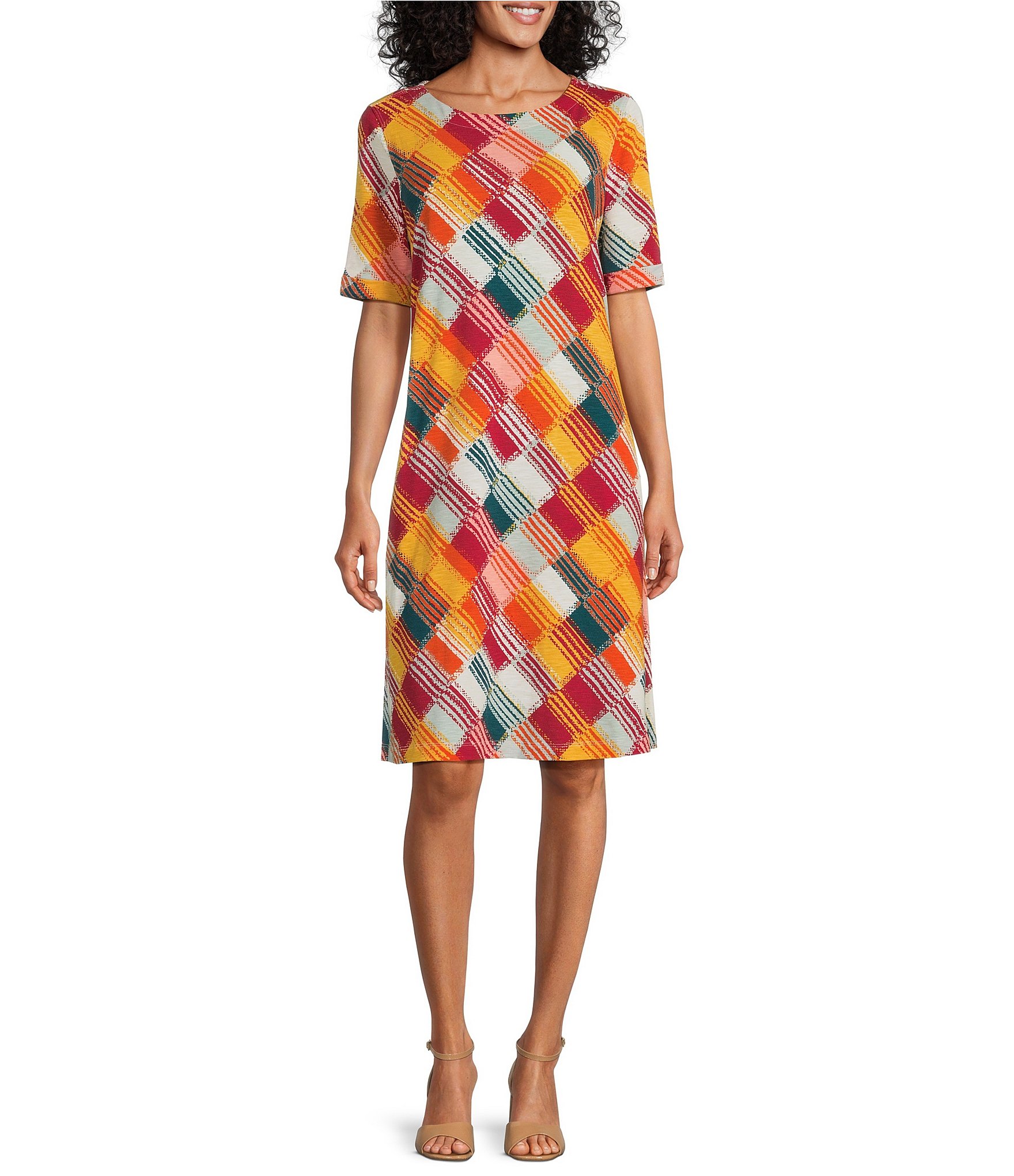 Multiples Slub Knit Block Multi Scoop Neck Elbow Sleeve Dress | Dillard's