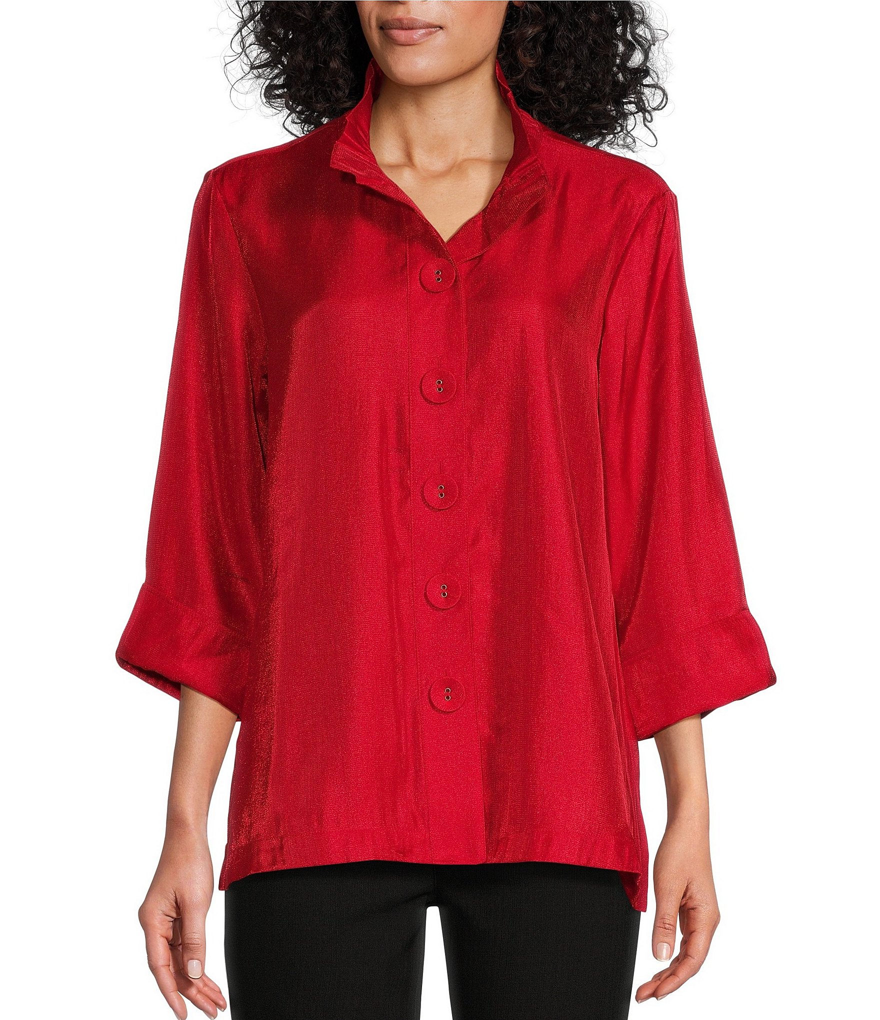 Multiples Solid Shimmer Woven Wire Collar 3 4 Sleeve Button Front Shirt