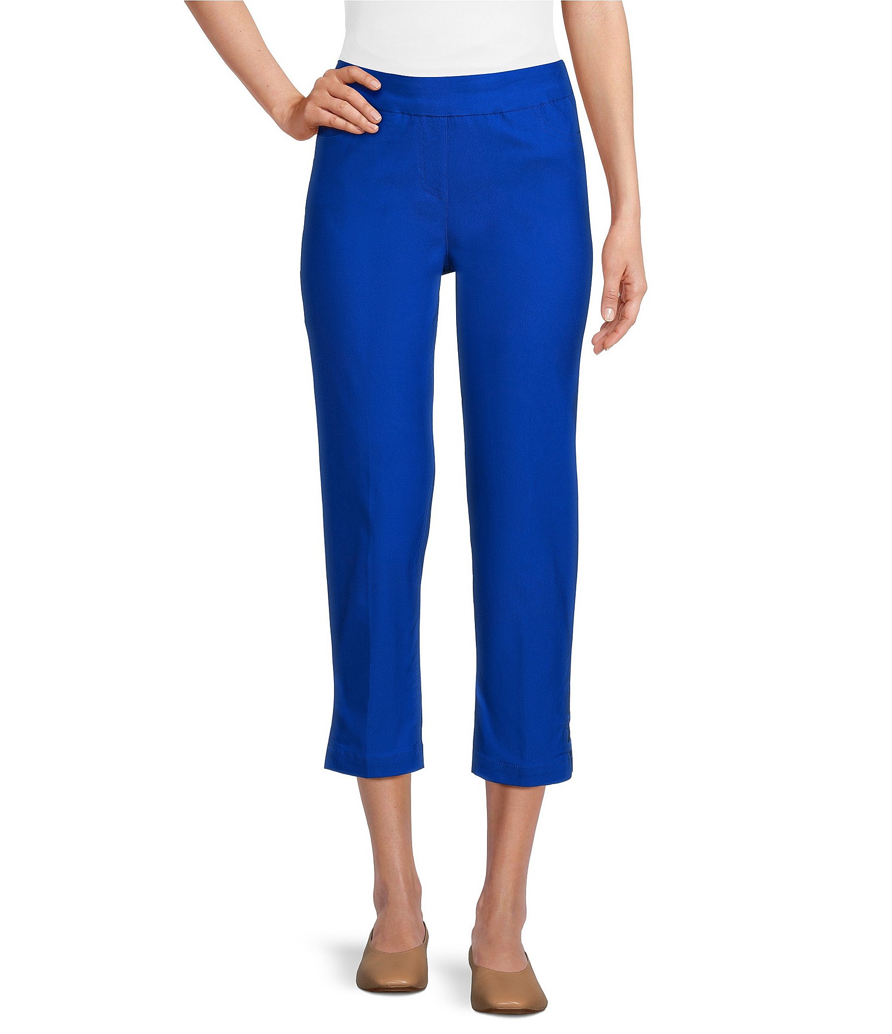 Multiples Solid Straight Ladder Hem Pull-On Twill Crop Pants | Dillard's