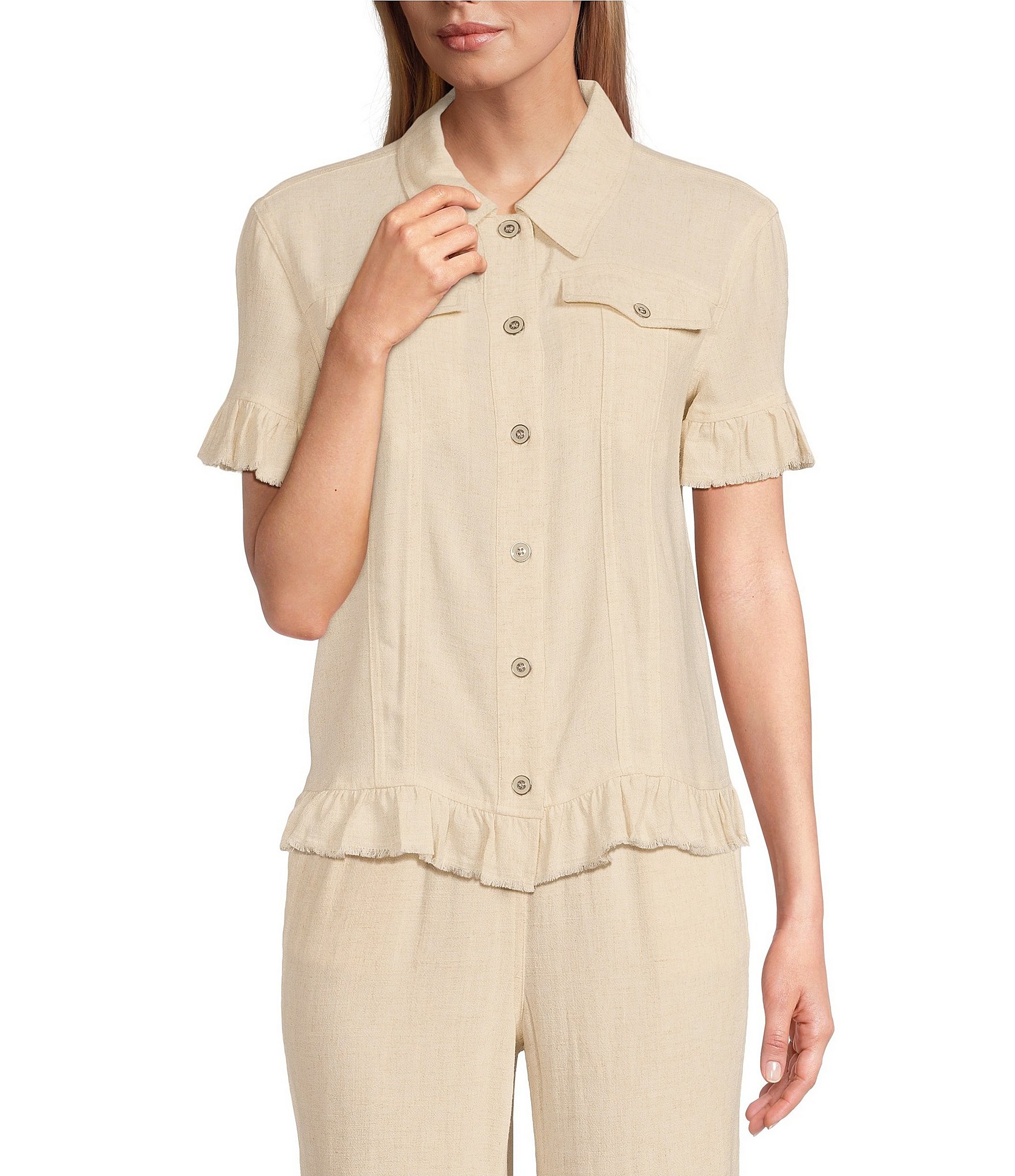 Multiples Textured Slub Woven Point Collar Short Sleeve Ruffle Detail ...