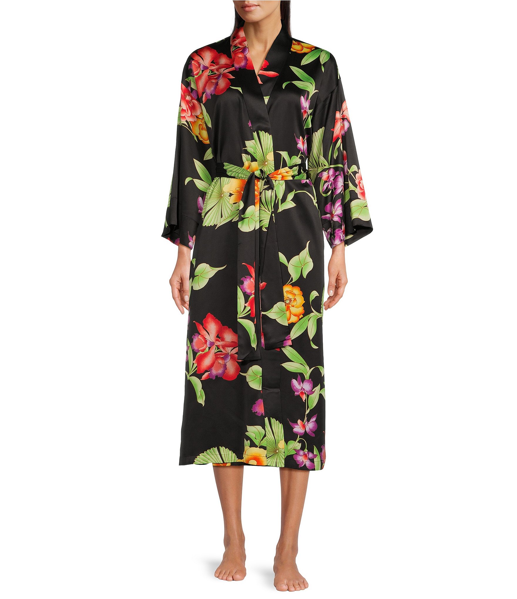 N By Natori Floral Long Sleeve Shawl Collar Coordinating Satin Robe