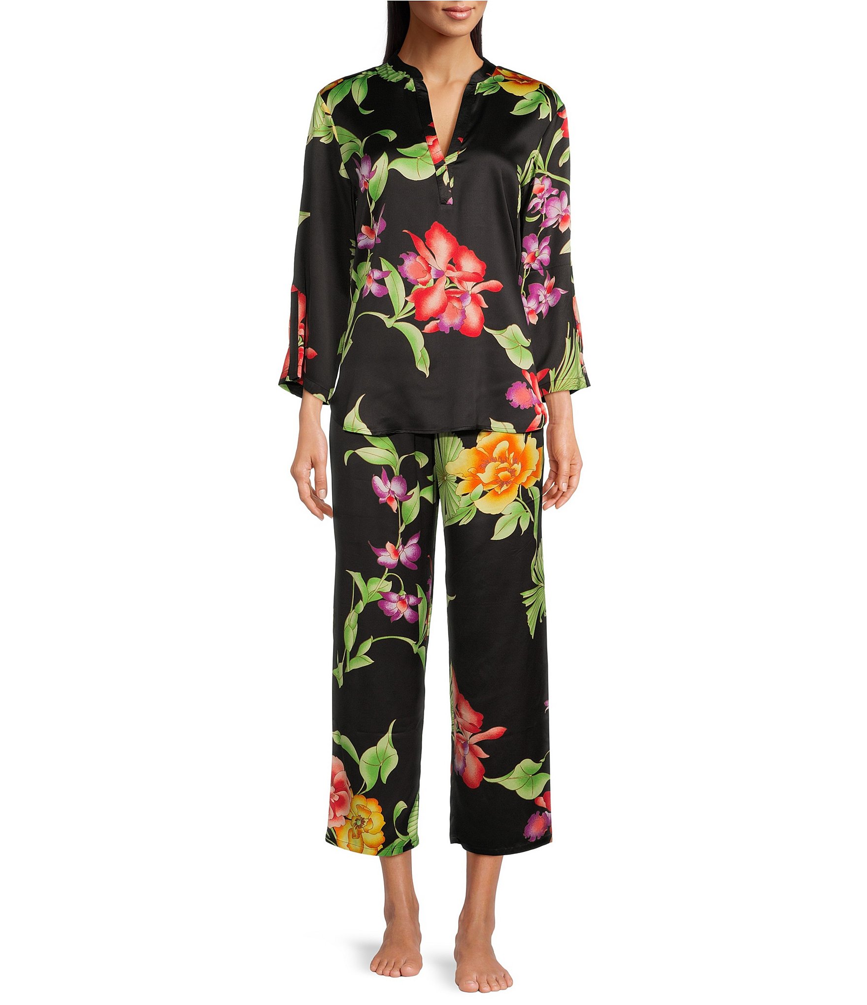 N By Natori Floral Satin 3 4 Sleeve Split V Neck Coordinating Pajama