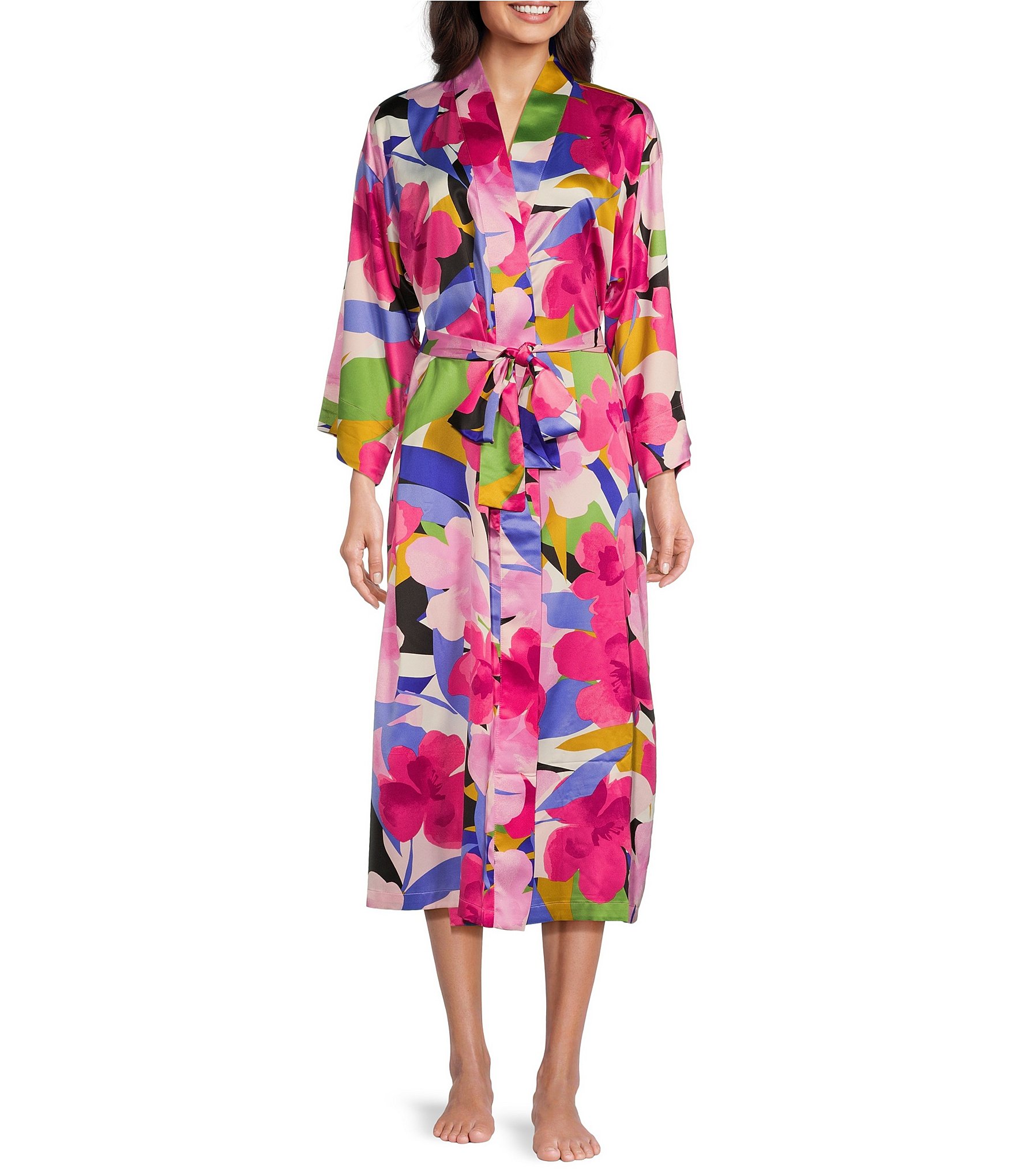 N By Natori Long Sleeve Shawl Collar Coordinating Satin Floral Print