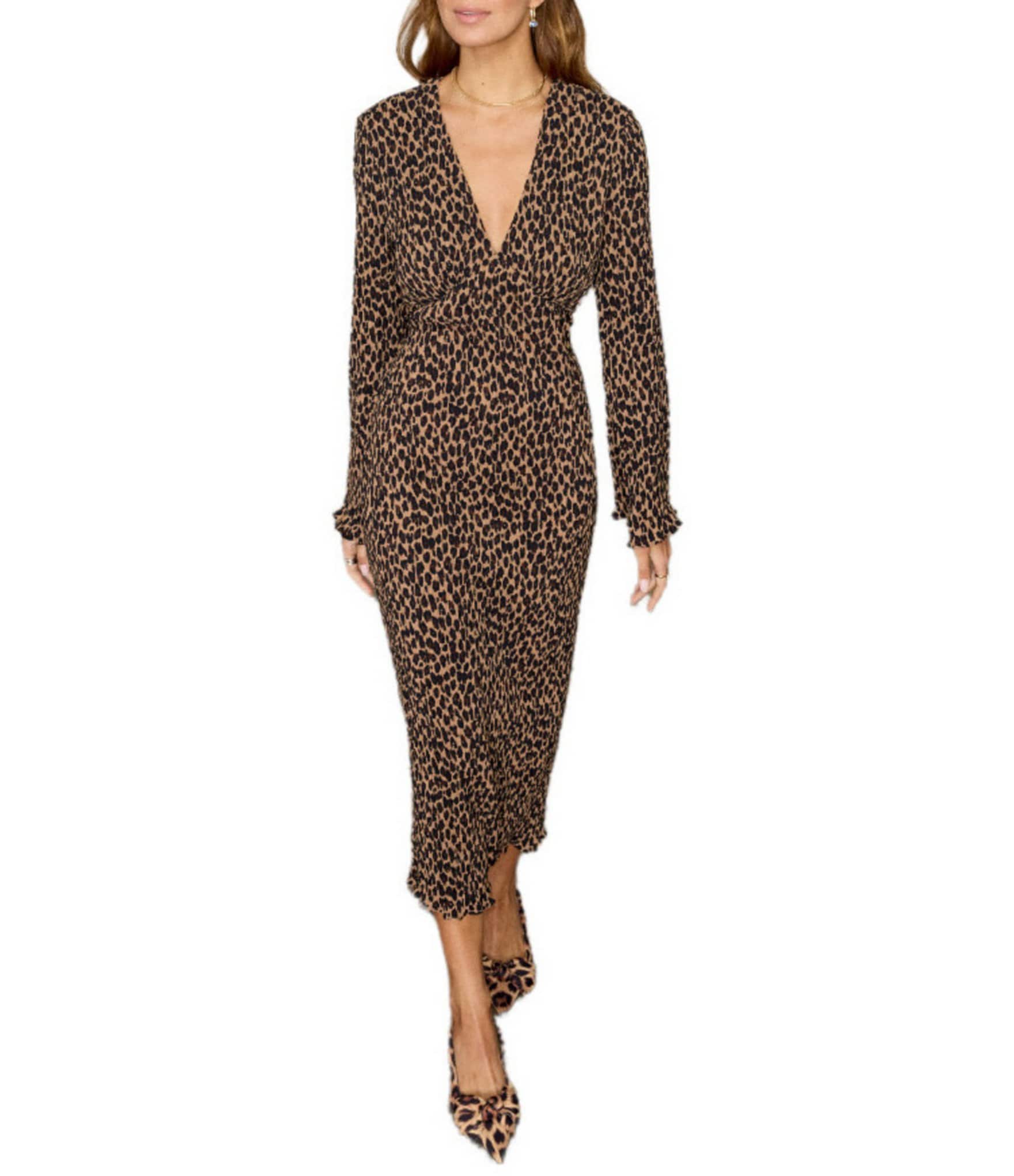 Never Fully Dressed Celeste Plisse Leopard V Neck Long Sleeve Tie Waist