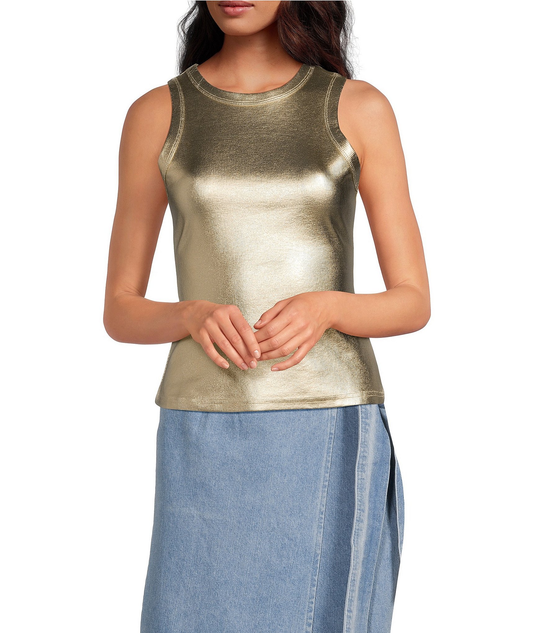 Never Fully Dressed Ribbed Metallic Crew Neck Sleeveless Tank Top ...