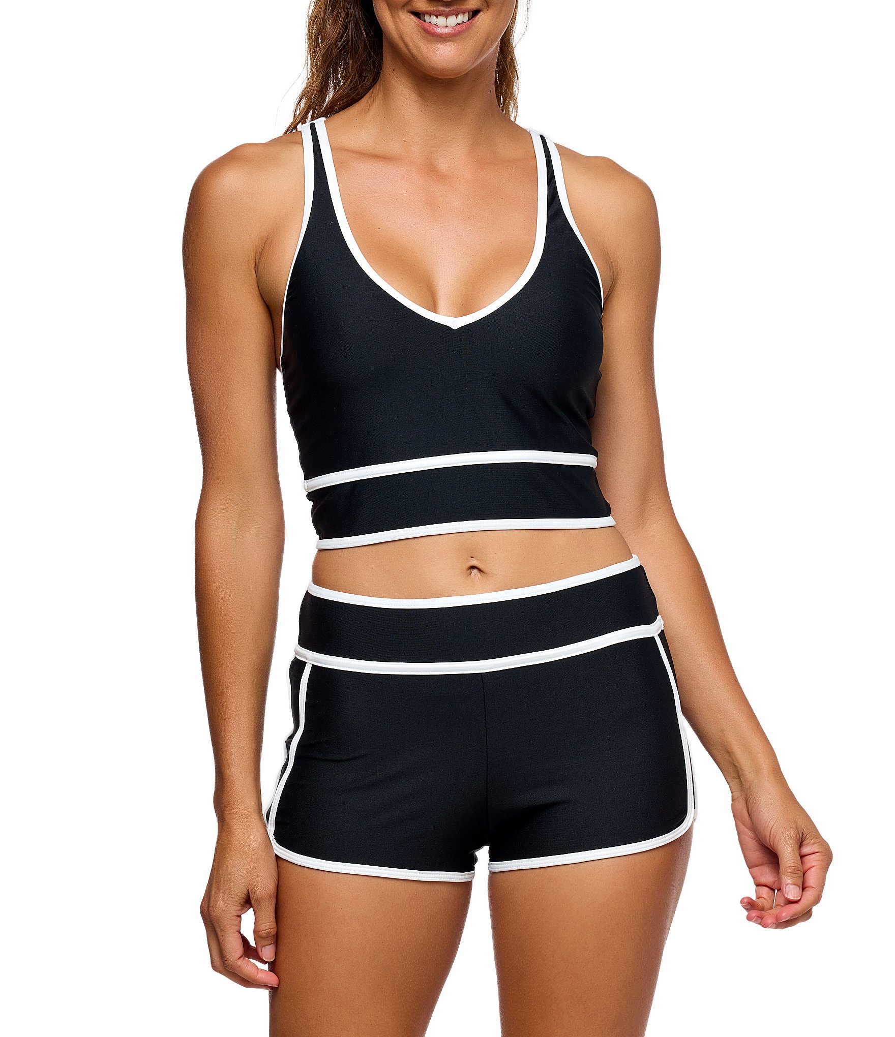 Next By Athena On The Run Good Karma Kinetic V Neck Racerback Contrast Trim Crop Swim Top And Wave