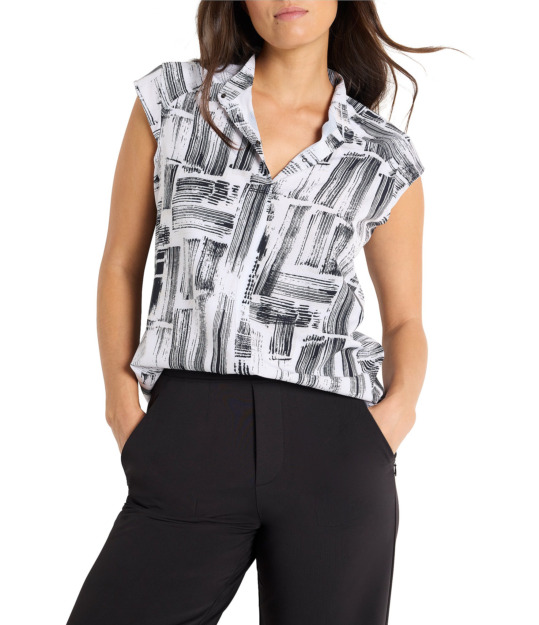NIC + ZOE City Blocks Tech Stretch Split Collar Cap Sleeve Top | Dillard's