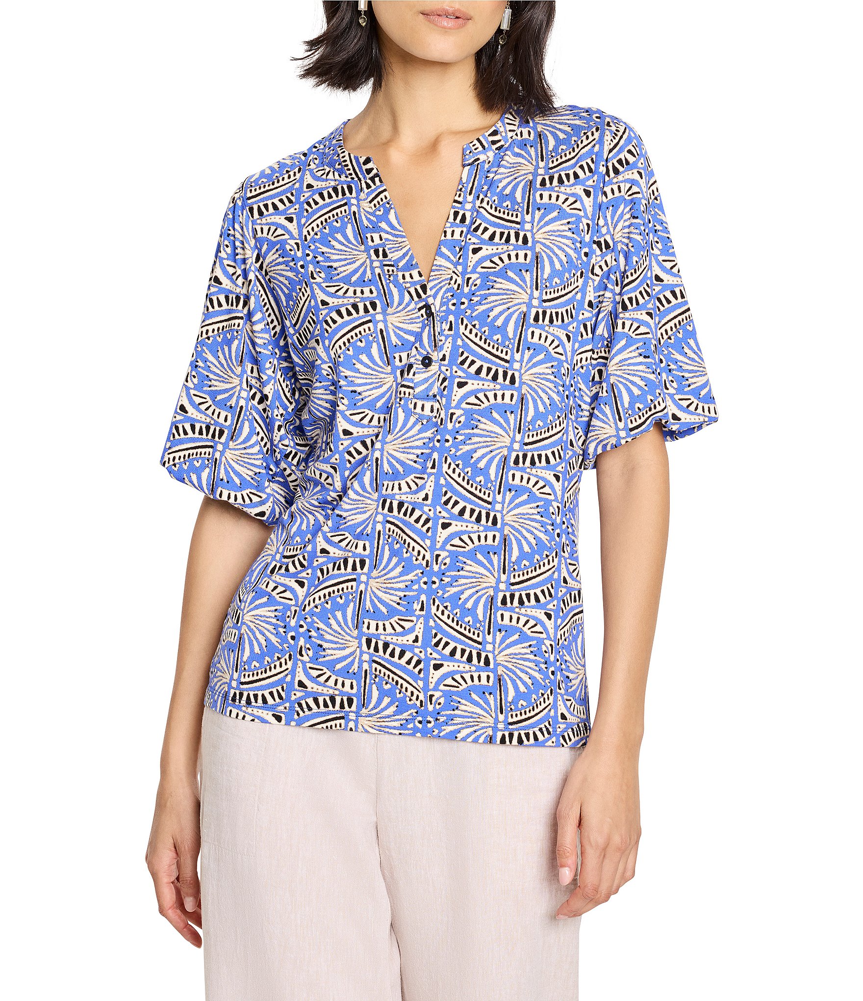 NIC + ZOE Ocean Print Split V-Neck Elbow Puff Sleeve Top | Dillard's