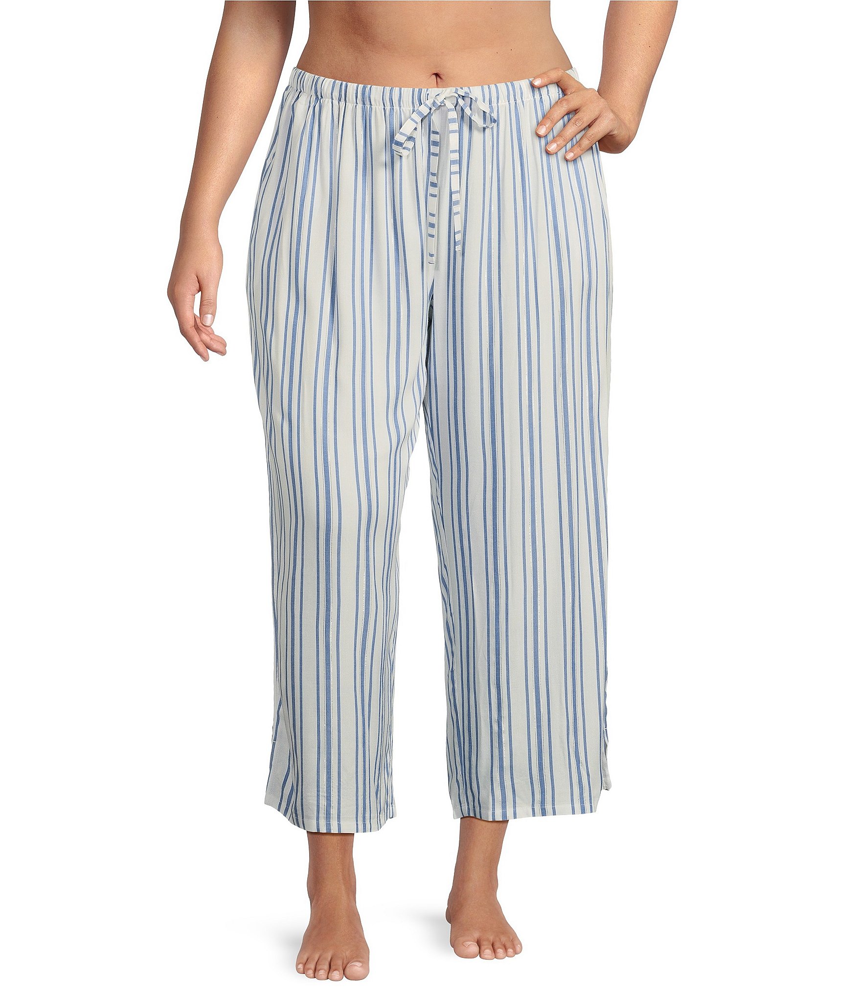 Nottibianche Plus Size Striped Drawstring Tie Coordinating Woven Capri ...